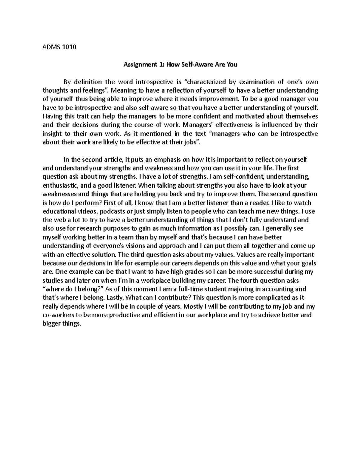 Adms 1010 Week 1 Weekly Assignment Adms 1010 Assignment 1 How Self Aware Are You By