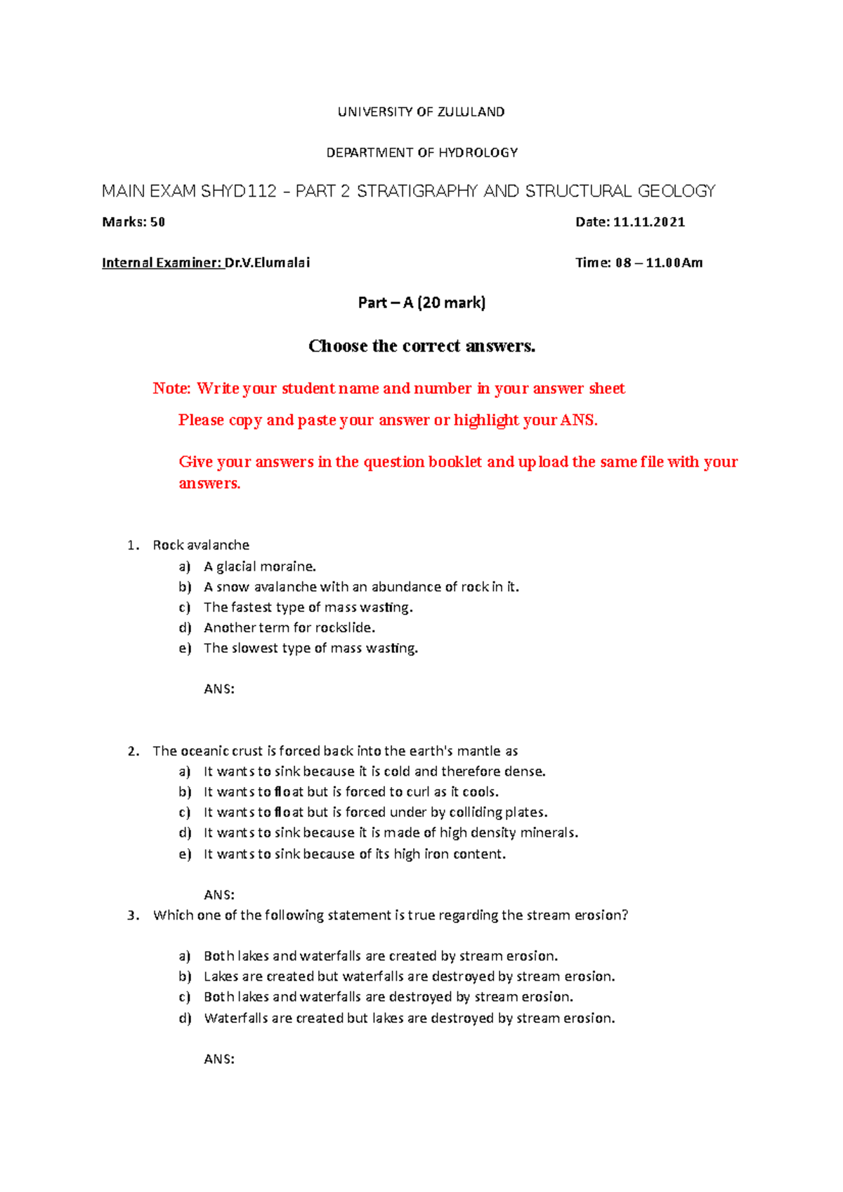 SHYD 112 EXAM Paper PART 2( 2021) - UNIVERSITY OF ZULULAND DEPARTMENT ...