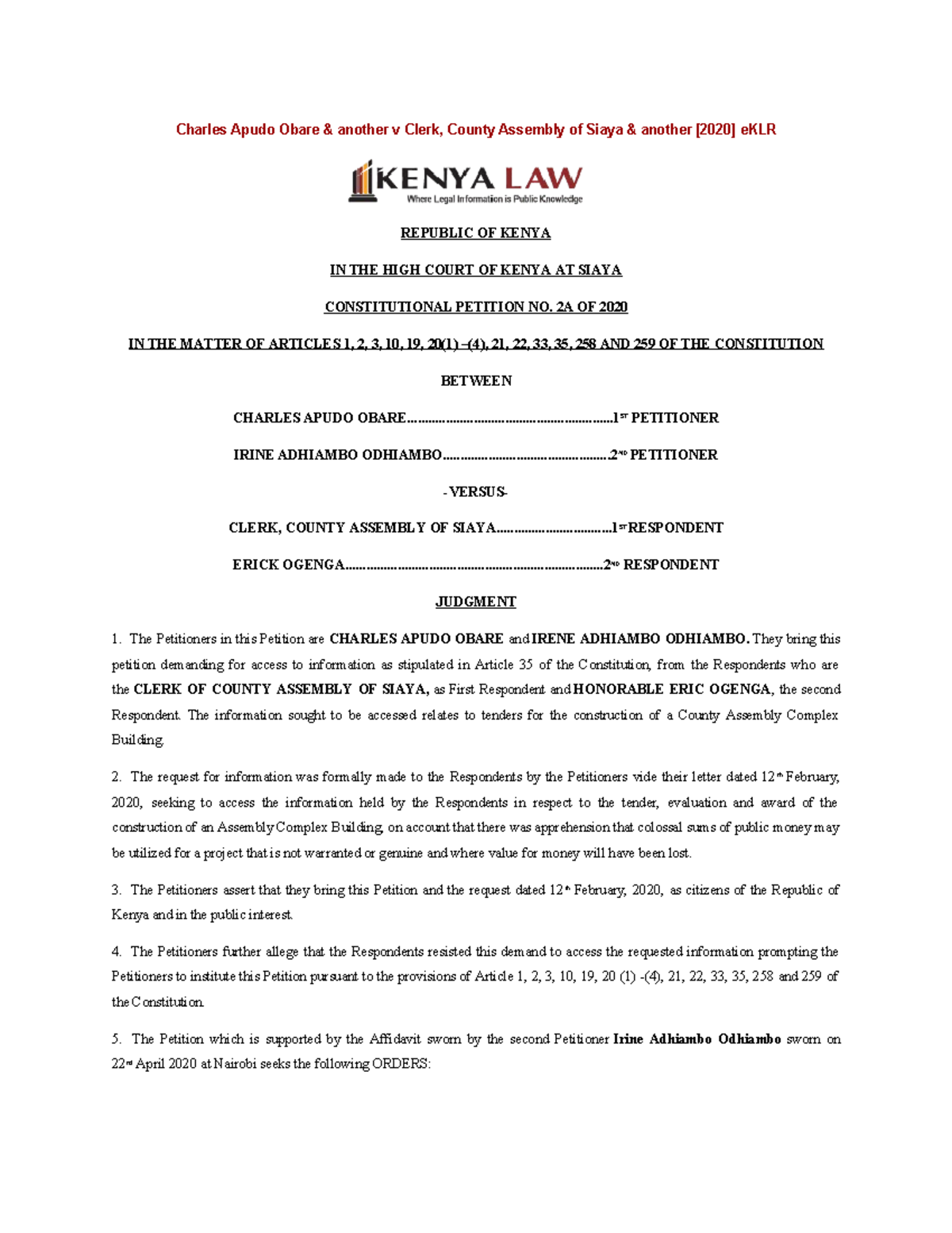 Charles Apudo Obare - Notes - Charles Apudo Obare & another v Clerk ...