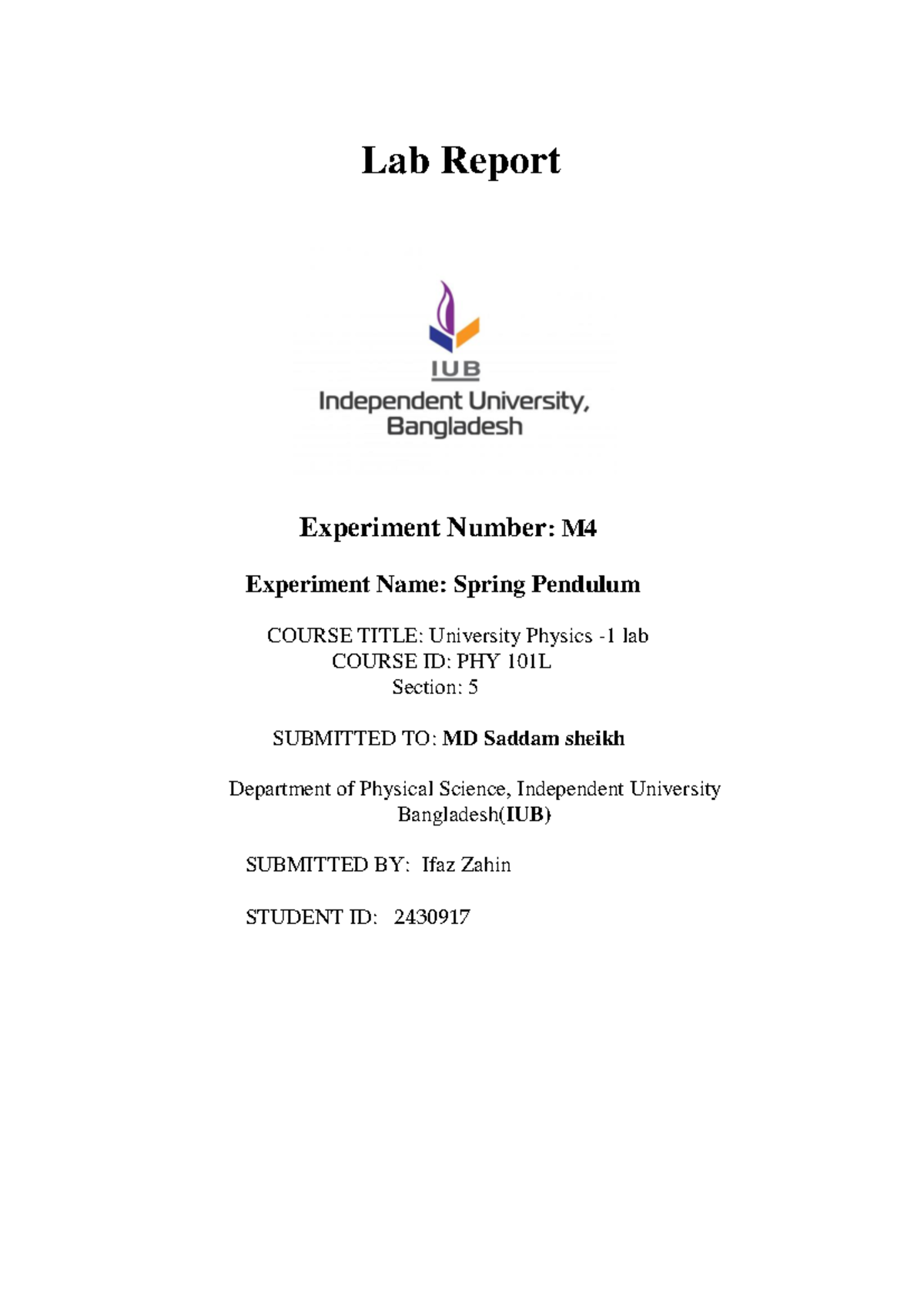 Practical 4 (Spring pendulum)-Project M4 - Lab Report Experiment Number ...