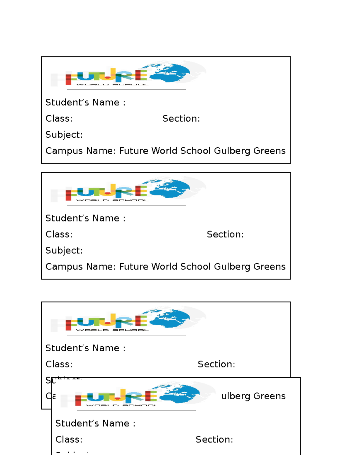 Blank name tags - Student’s Name : Class: Section: Subject: Campus Name ...