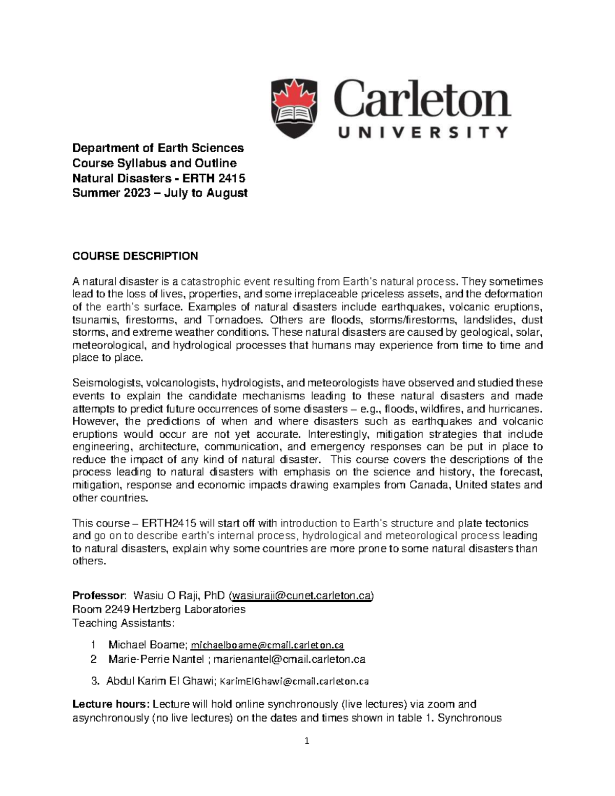 ERTH 2415 course outline Summer 2023 X - Department of Earth Sciences ...