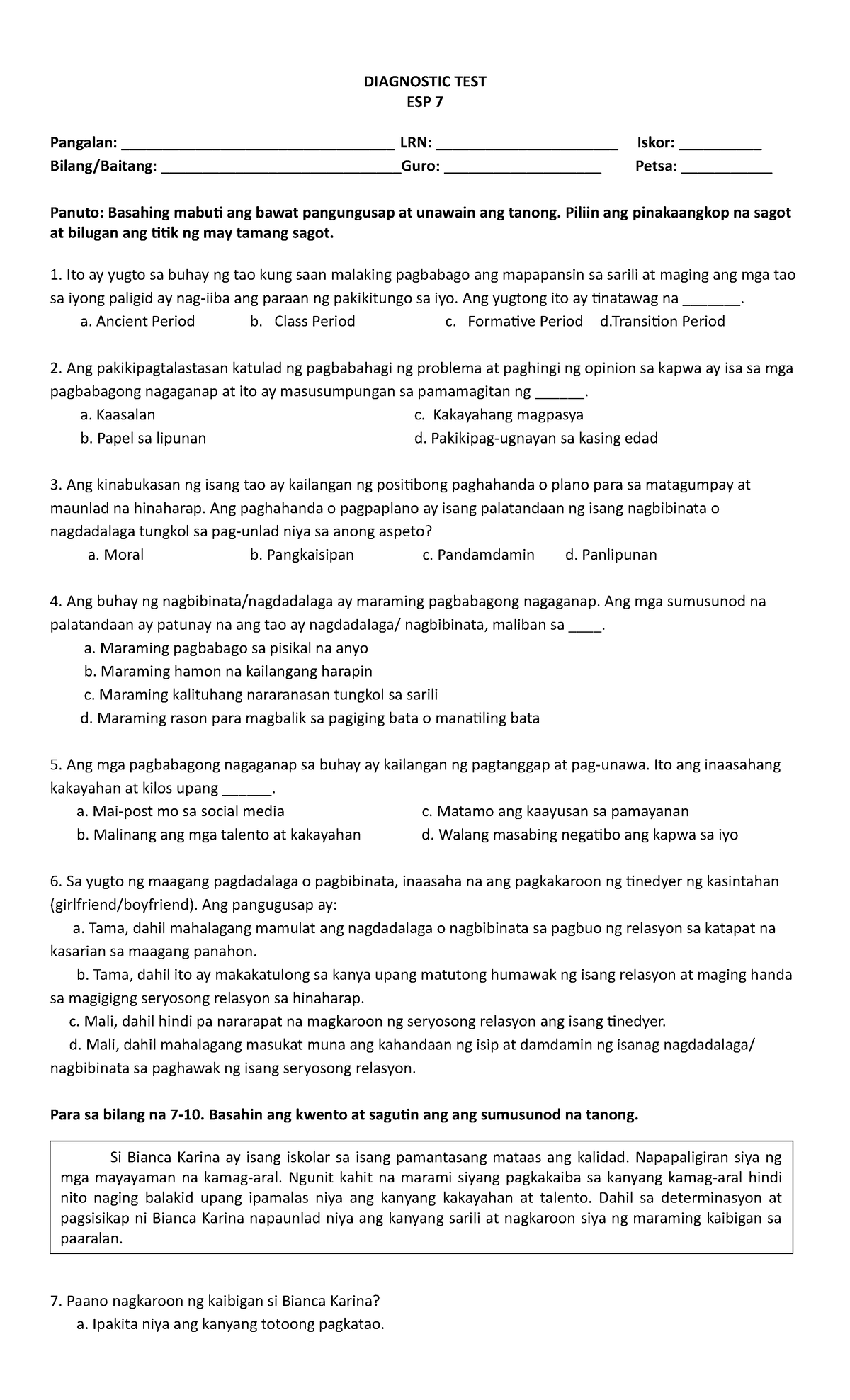 429553265-Esp7-Diagnostic-Test - DIAGNOSTIC TEST ESP 7 Pangalan