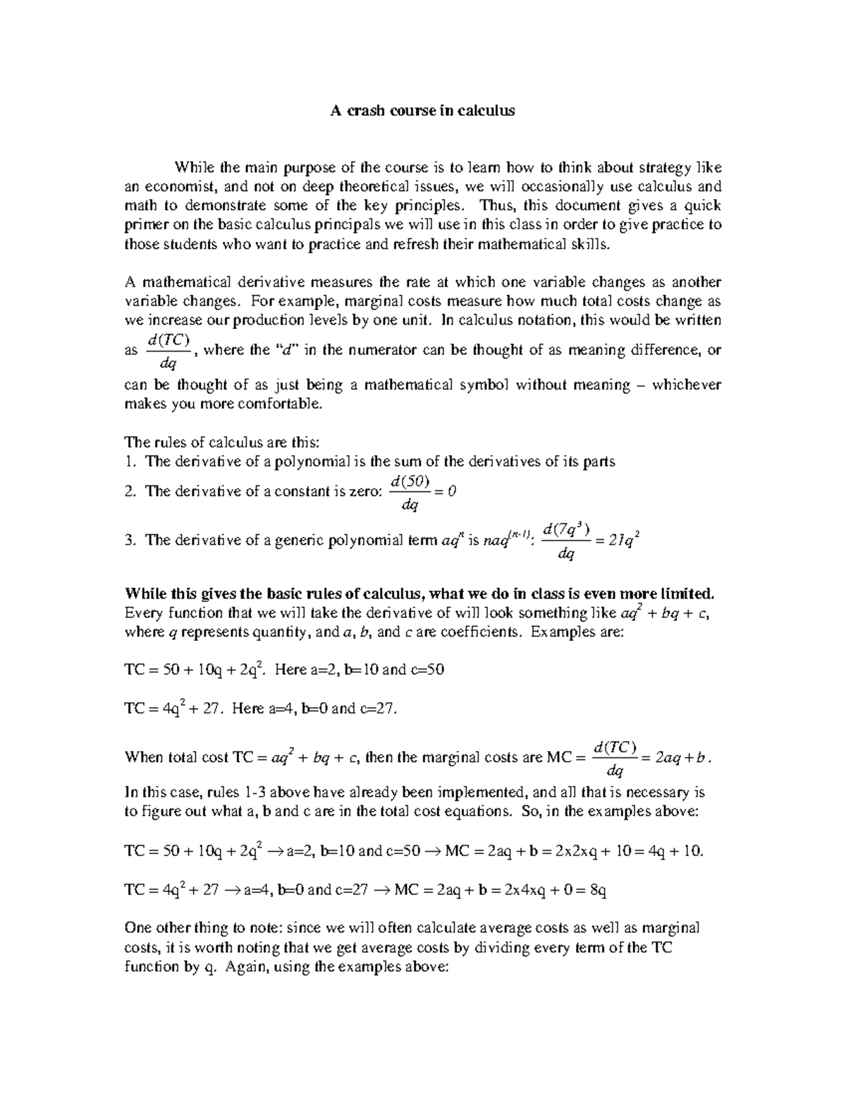 Crash course in calculus - A crash course in calculus While the main ...