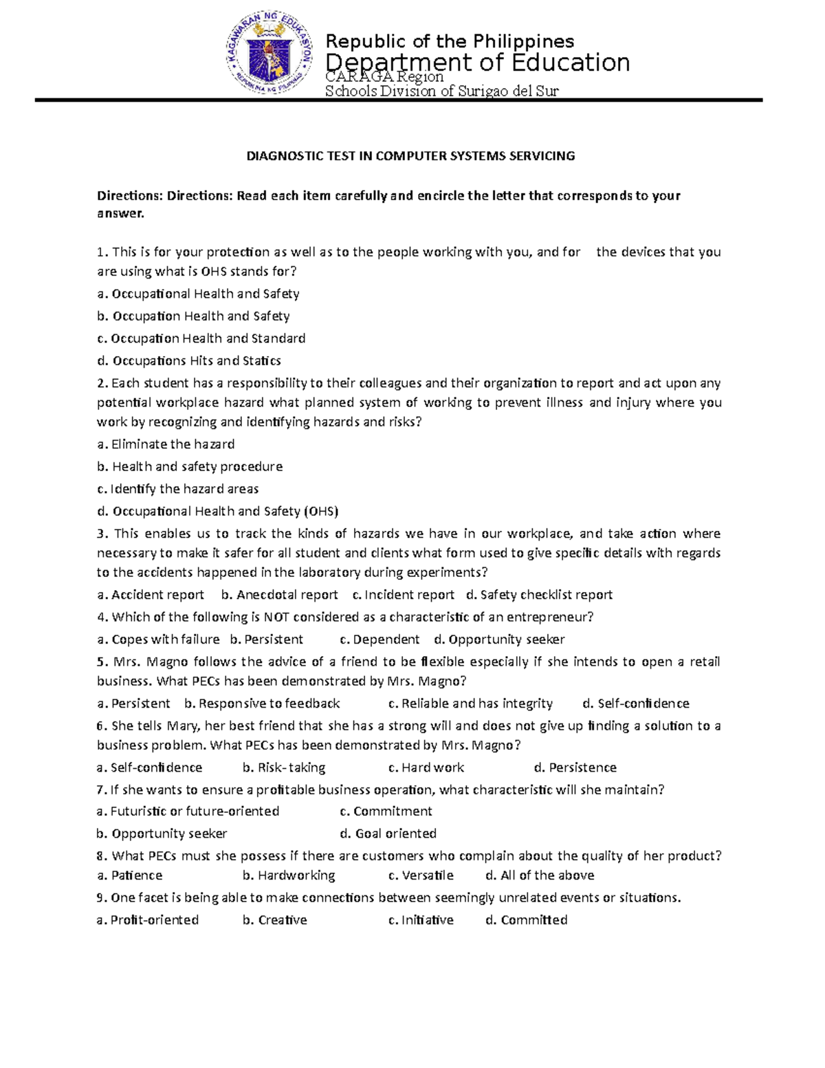 Diagnostic TEST IN CSS - DIAGNOSTIC TEST IN COMPUTER SYSTEMS SERVICING ...