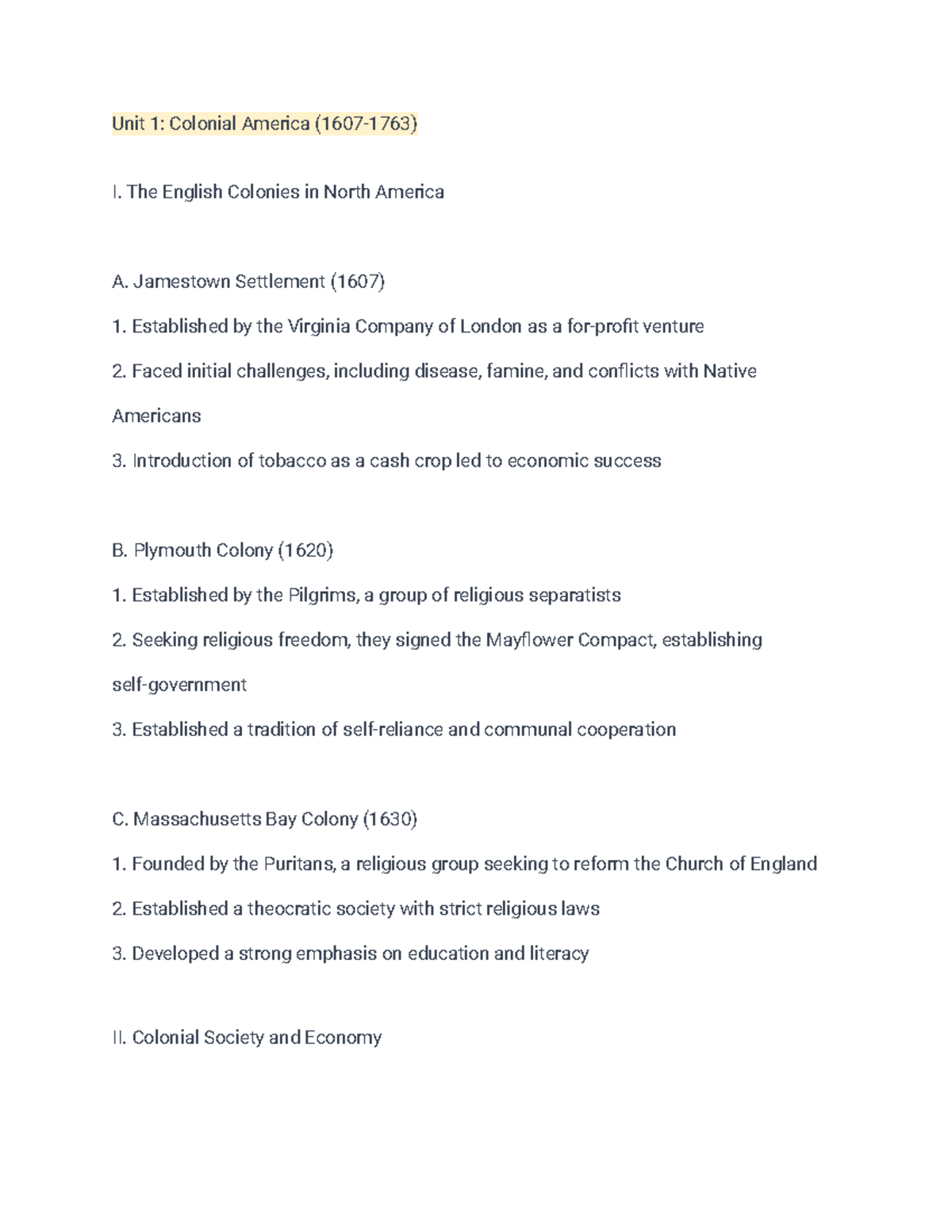 Unit 1 Colonial America (1607-1763) - Unit 1: Colonial America (1607 ...