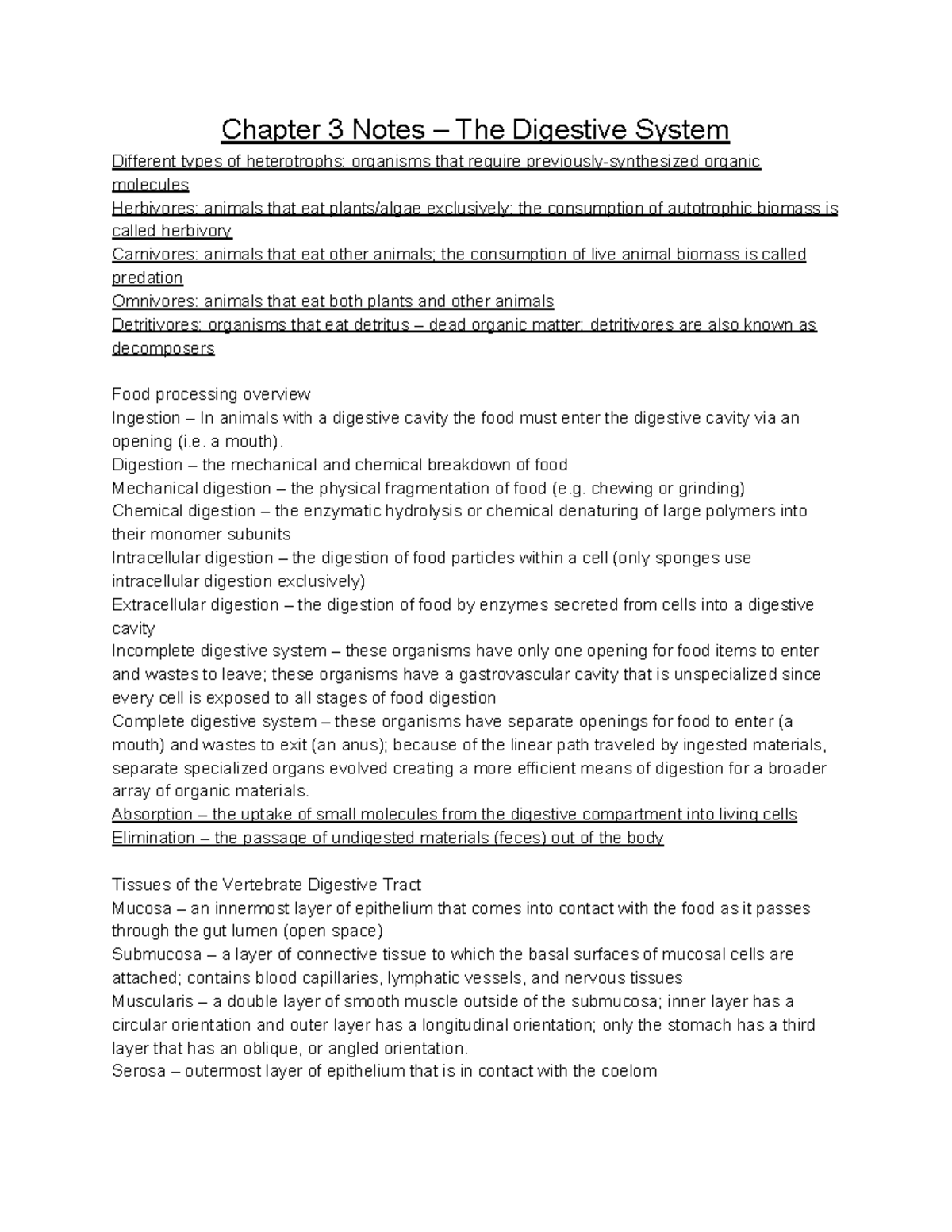 Biology #3 Digestive Systems - Chapter 3 Notes – The Digestive System ...