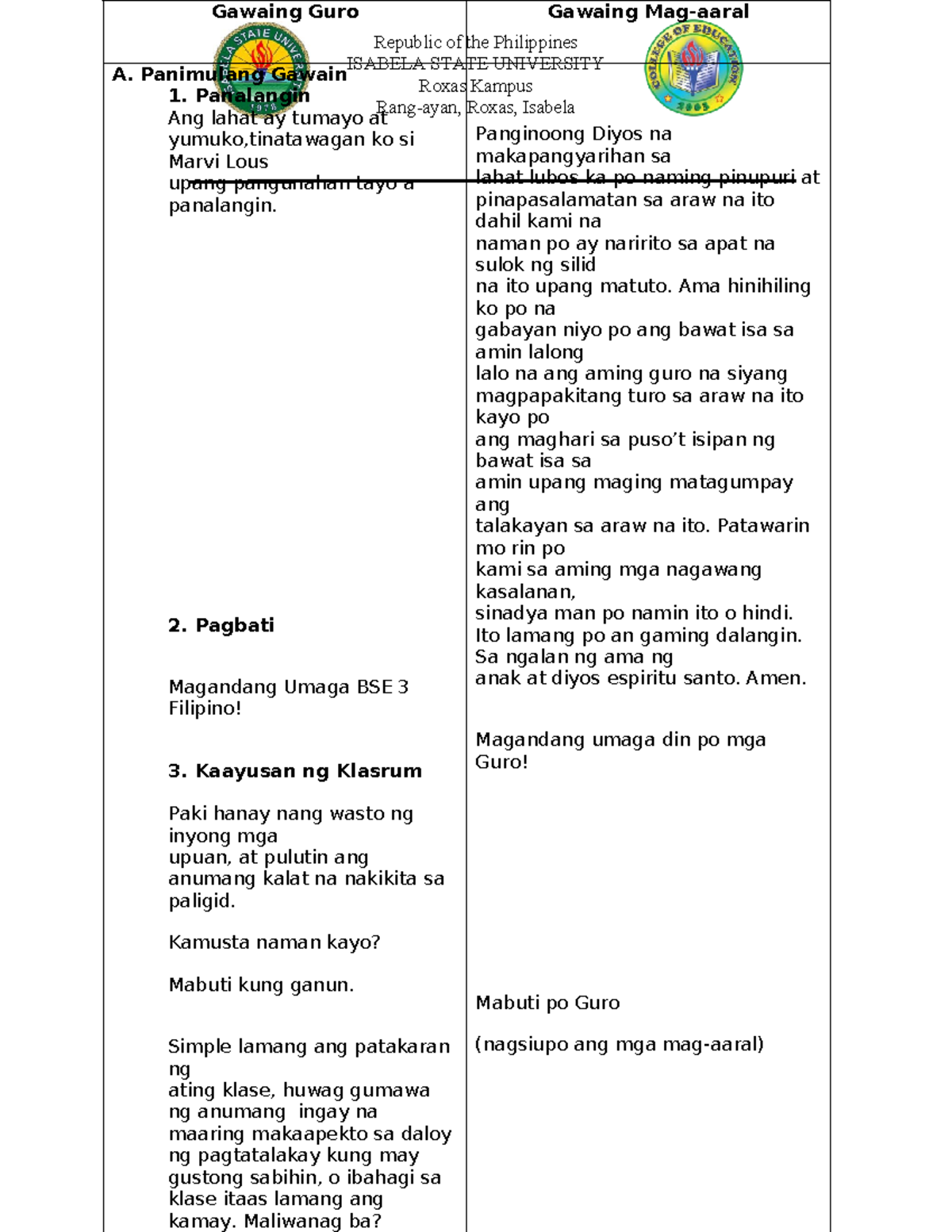 Masusing banghay aralin - Republic of the Philippines ISABELA STATE UNIVERSITY Roxas Kampus ...