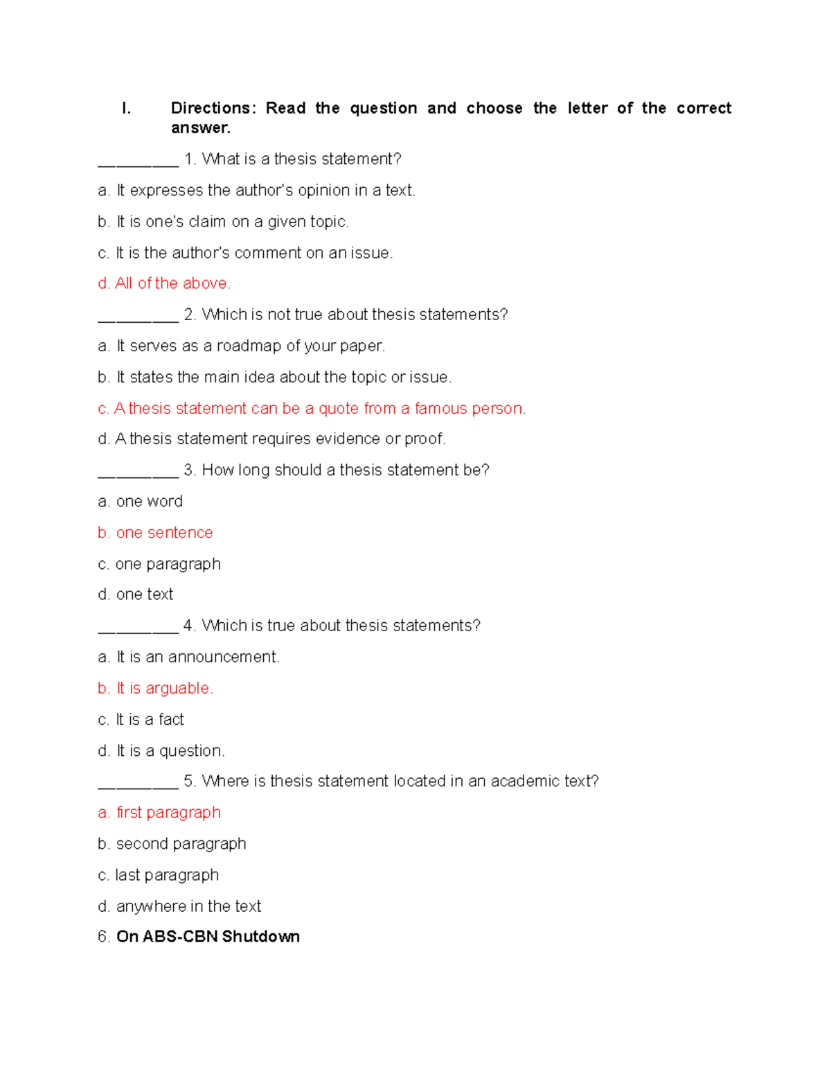 Creative Writing QUIZ - svava - I. Directions: Read the question and ...
