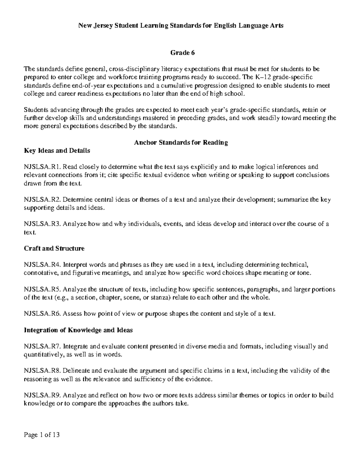 2016 NJ ELA Standards Grade 6 - Grade 6 The standards define general ...