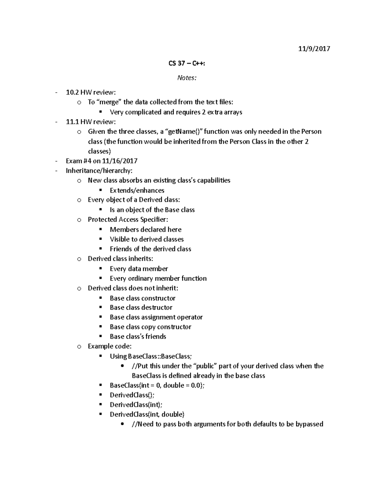CS 37 - Notes #12 - 11/9/ CS 37 – C++: Notes: 10 HW review: o To “merge ...