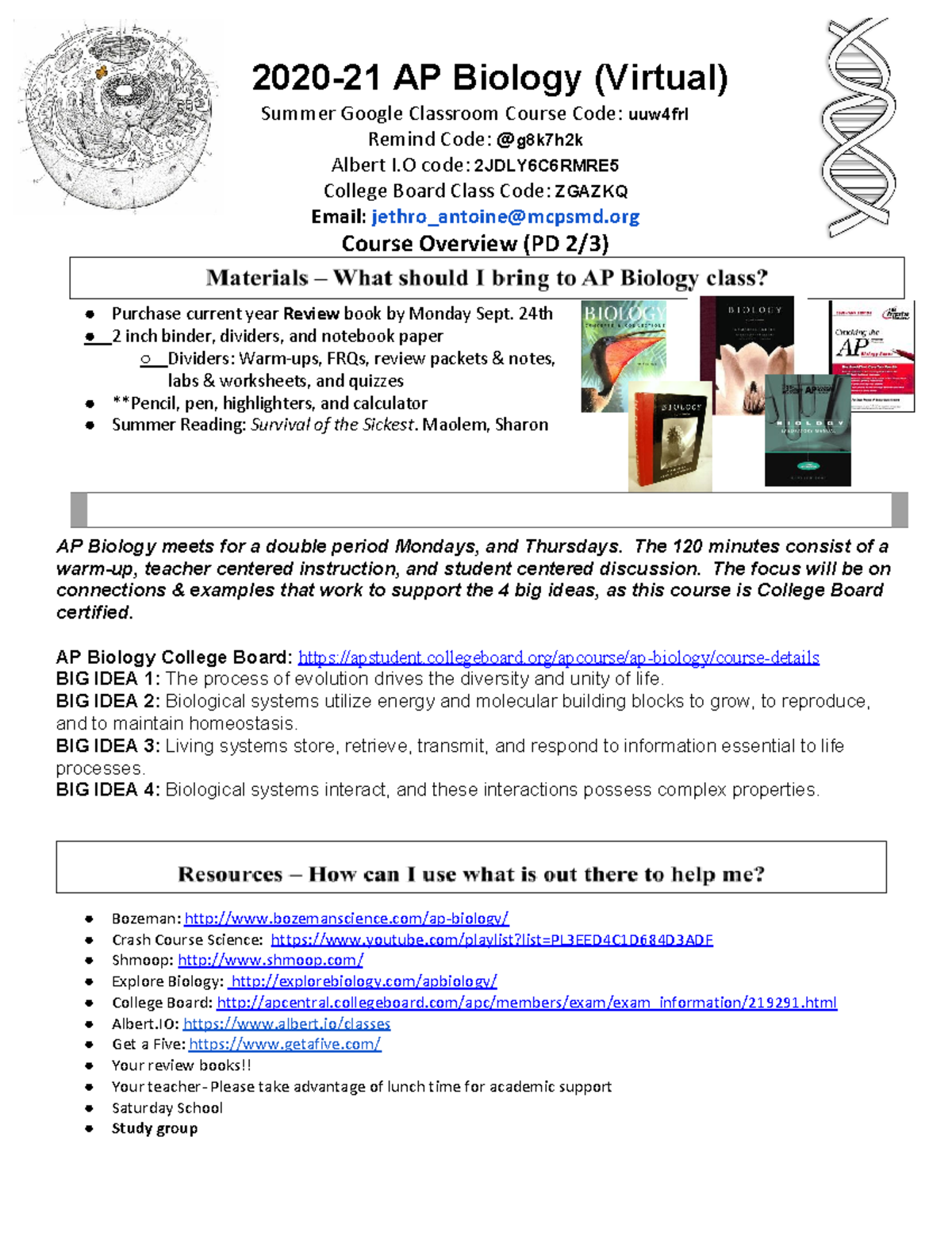 Ap bio syllabus antoine - 2020-21 AP Biology (Virtual) Summer Google ...