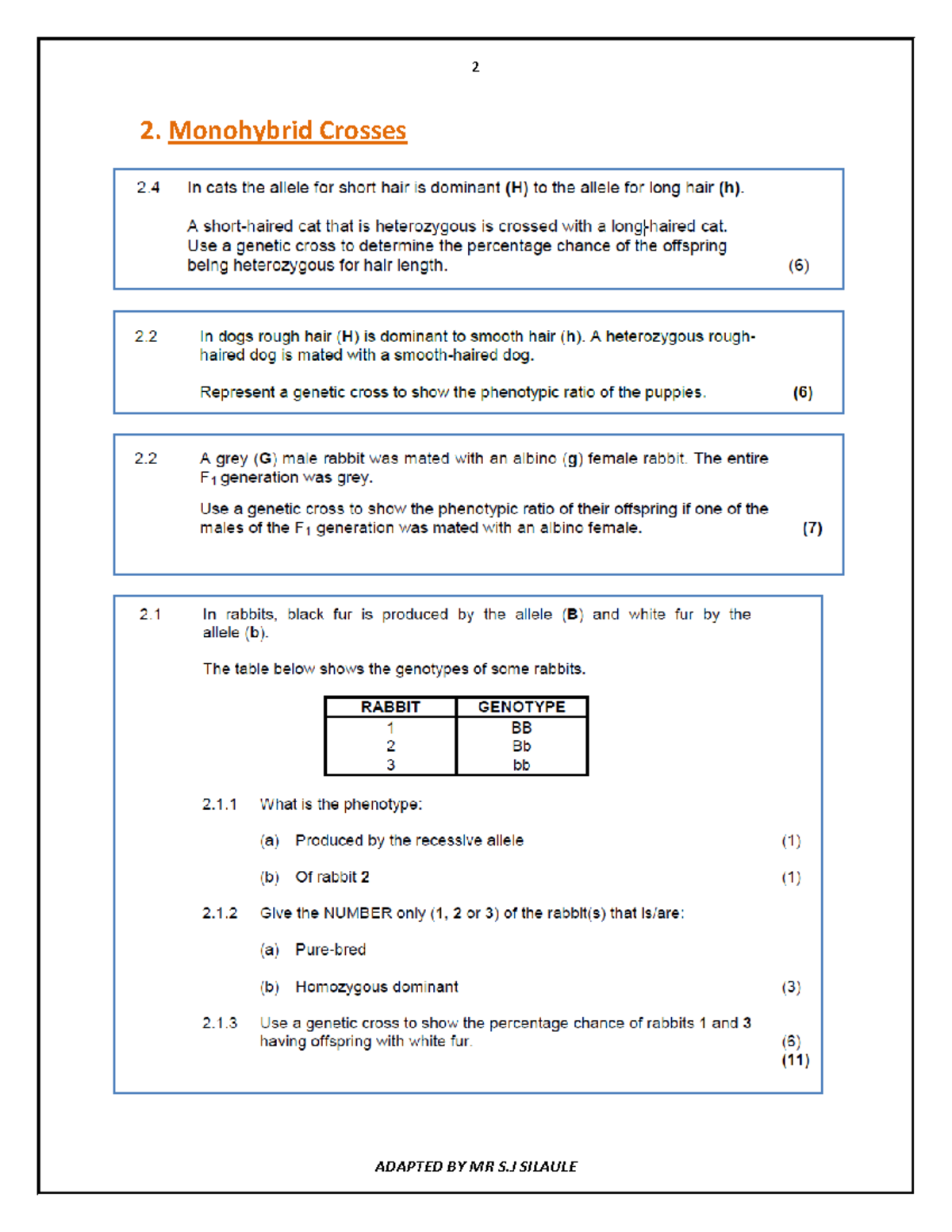 Genetics Activities Student COPY 1 - SFBL119 - 2 ADAPTED BY MR S ...