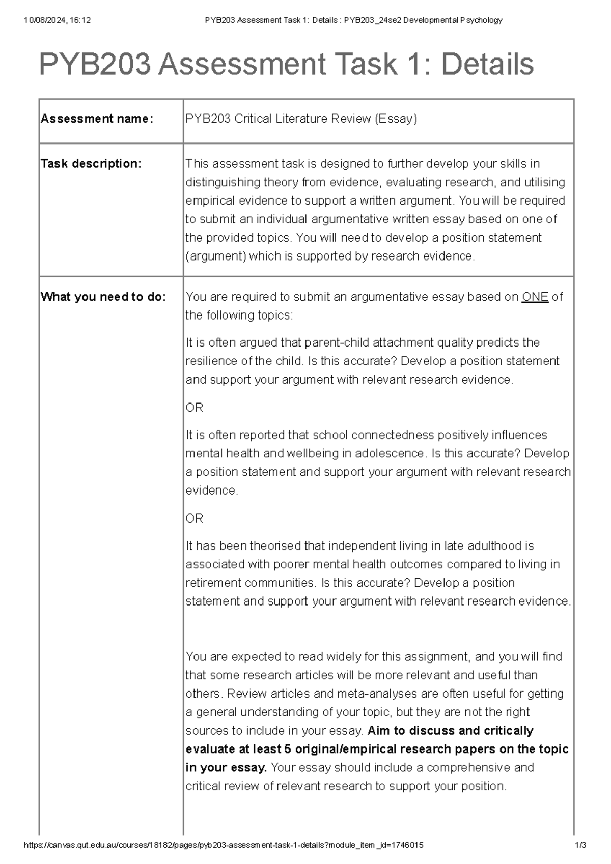 PYB203 Assessment Task 1 Details PYB203 24se2 Developmental Psychology - PYB203 Assessment Task ...