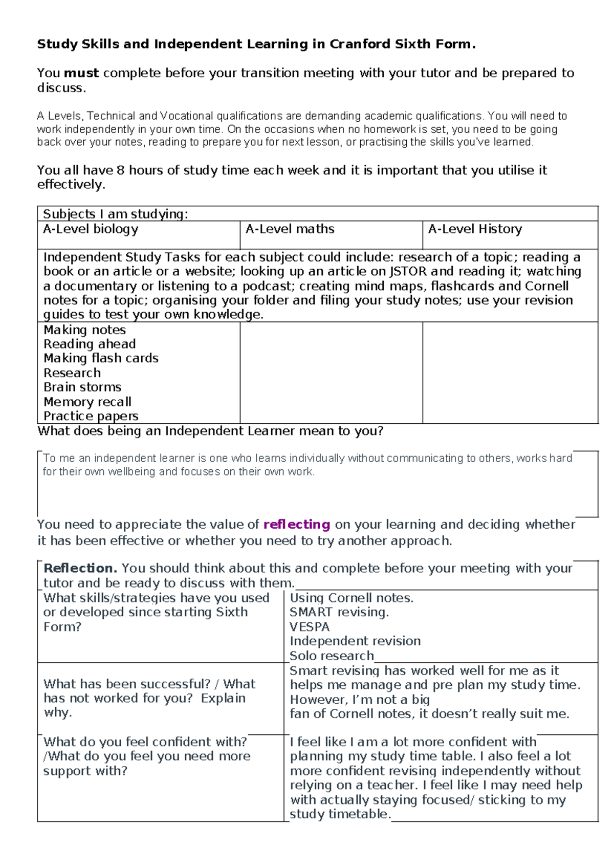 Study Skills and Independent Learning Form for Transition EVE - Study ...