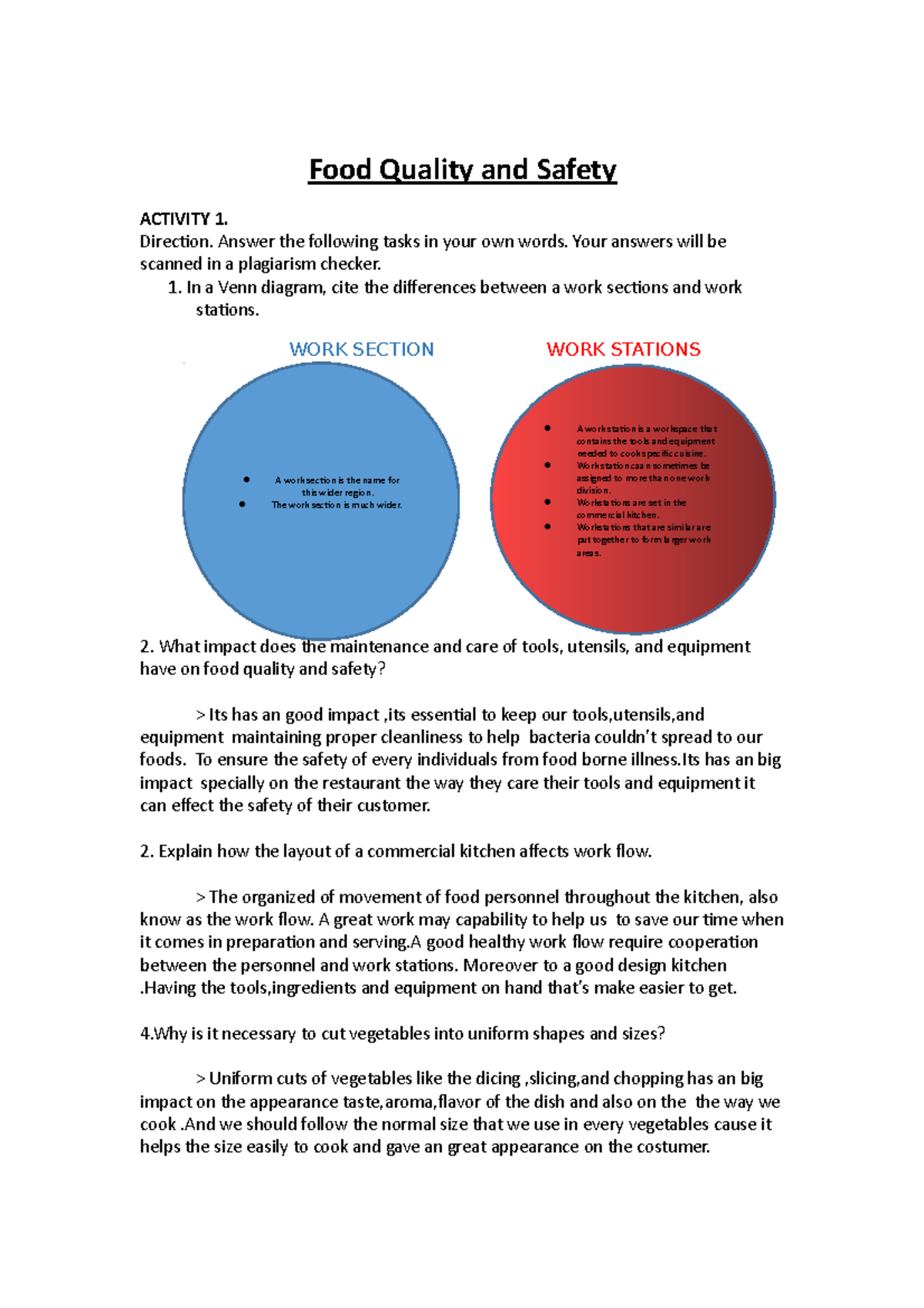 Food quality and Safety - Food Quality and Safety ACTIVITY 1. Direction ...