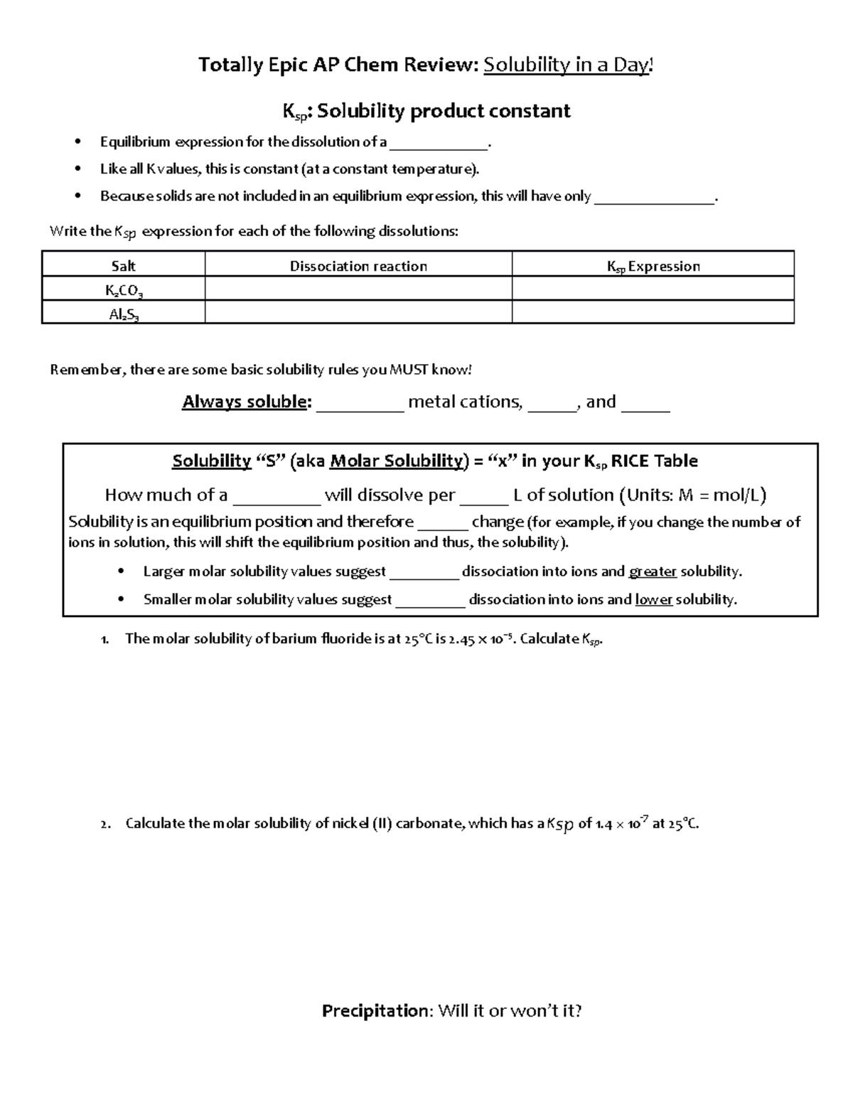Day 5 part 1 solubility and ksp - Totally Epic AP Chem Review ...