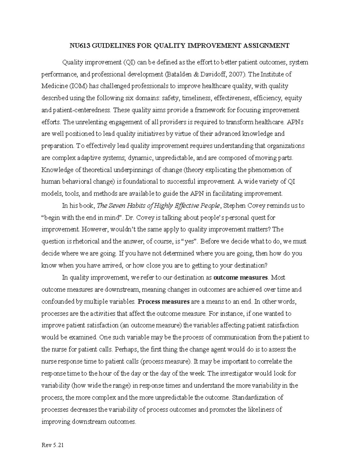 Module 4 NU 613 Quality Improvement Assignment and Grading Rubric 5.21 ...