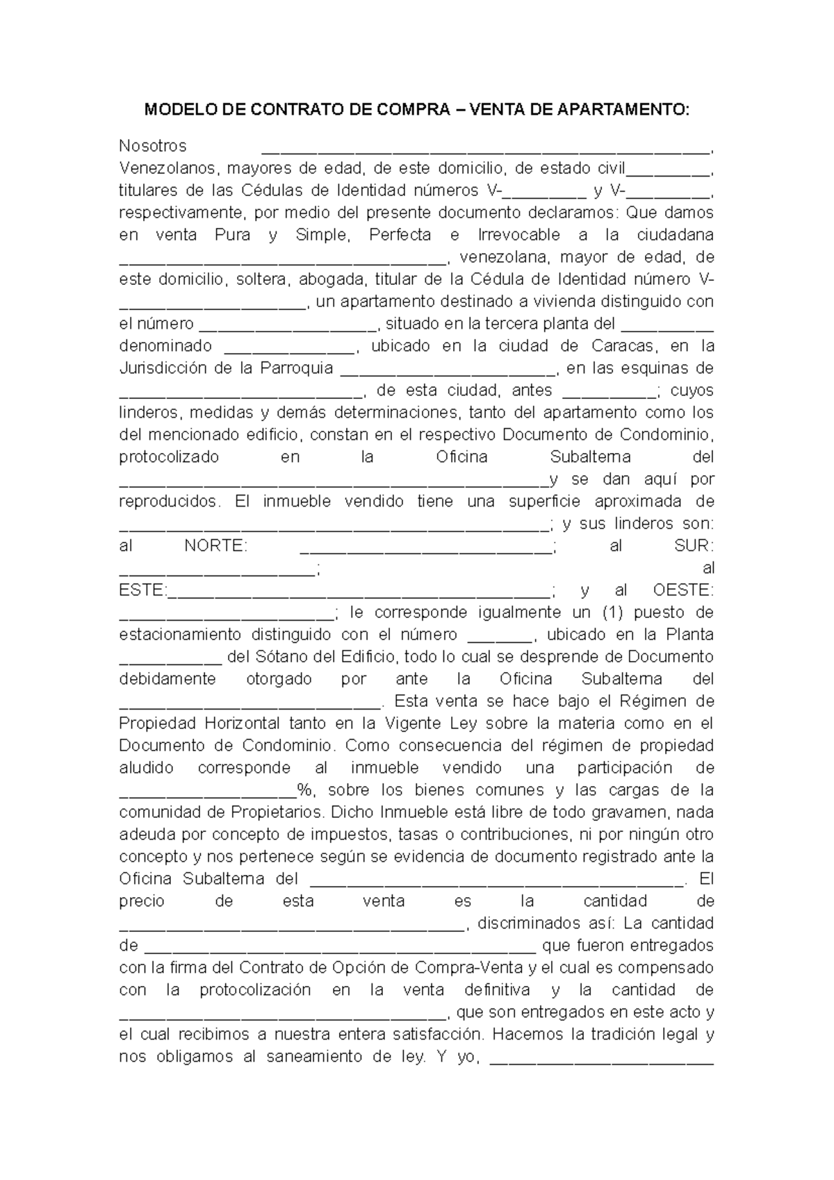 Modelo DE Contrato DE Compraventa DE Apartamento - MODELO DE CONTRATO DE COMPRA – VENTA DE - Studocu