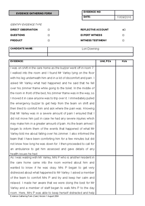 Knowledge - SVQ - EVIDENCE GATHERING FORM EVIDENCE NO: DATE: 11/09 ...