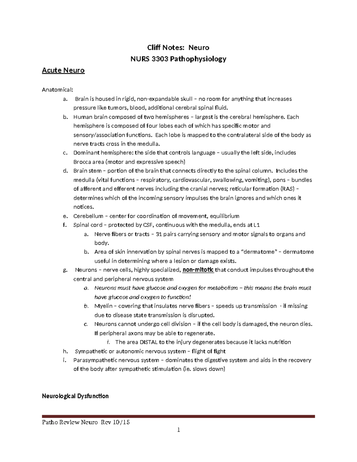 Neuro Notes - Cliff Notes: Neuro NURS 3303 Pathophysiology Acute Neuro ...