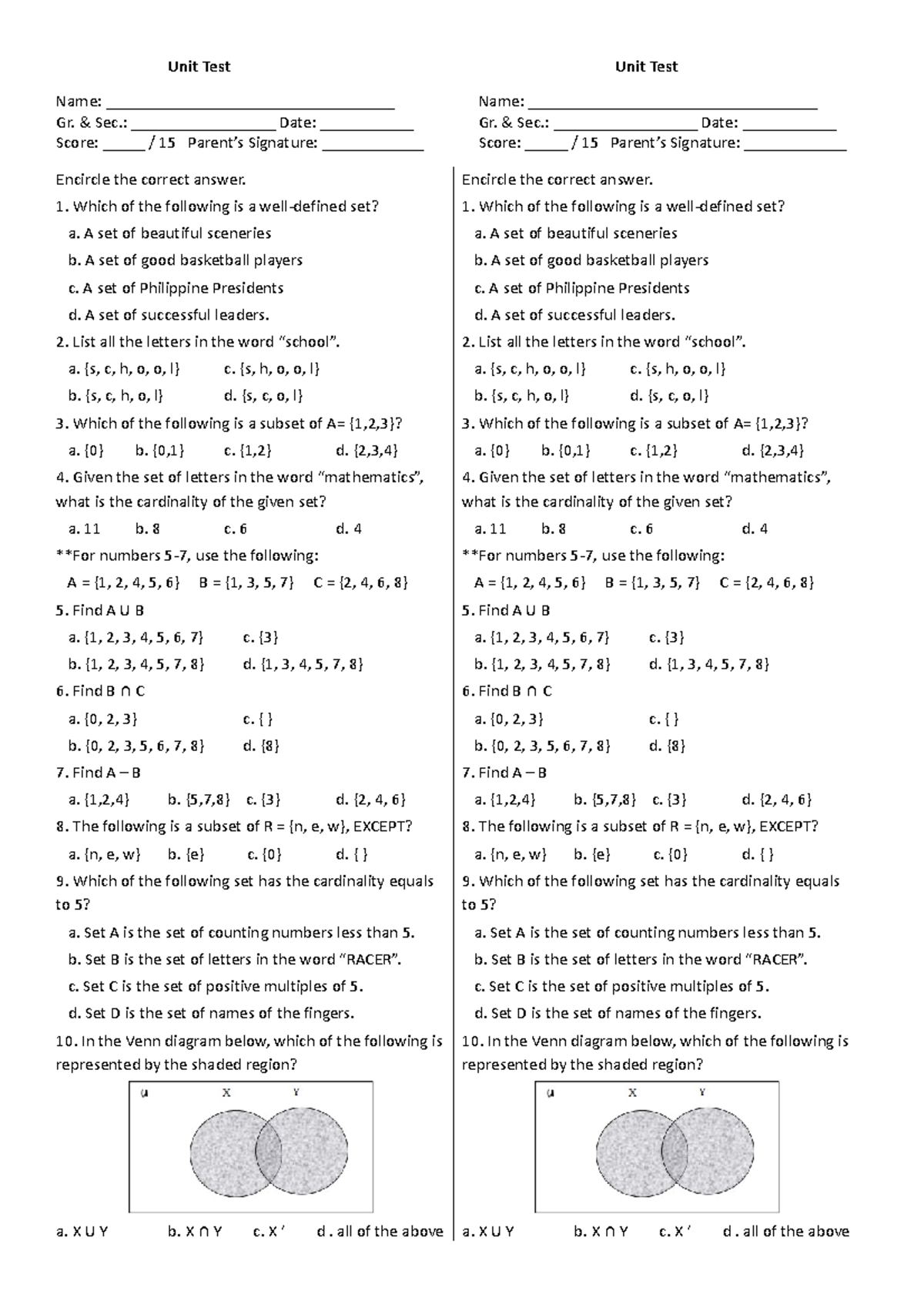 Unit Test Q1W1-2 Sets except Problem Solving '23-24 AA - Unit Test Unit ...