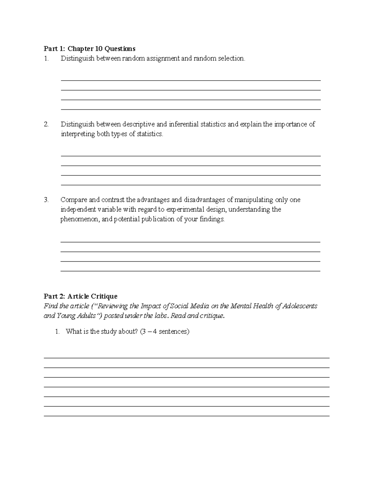 Lab #8- Article Critique - Part 1: Chapter 10 Questions Distinguish between random assignment ...