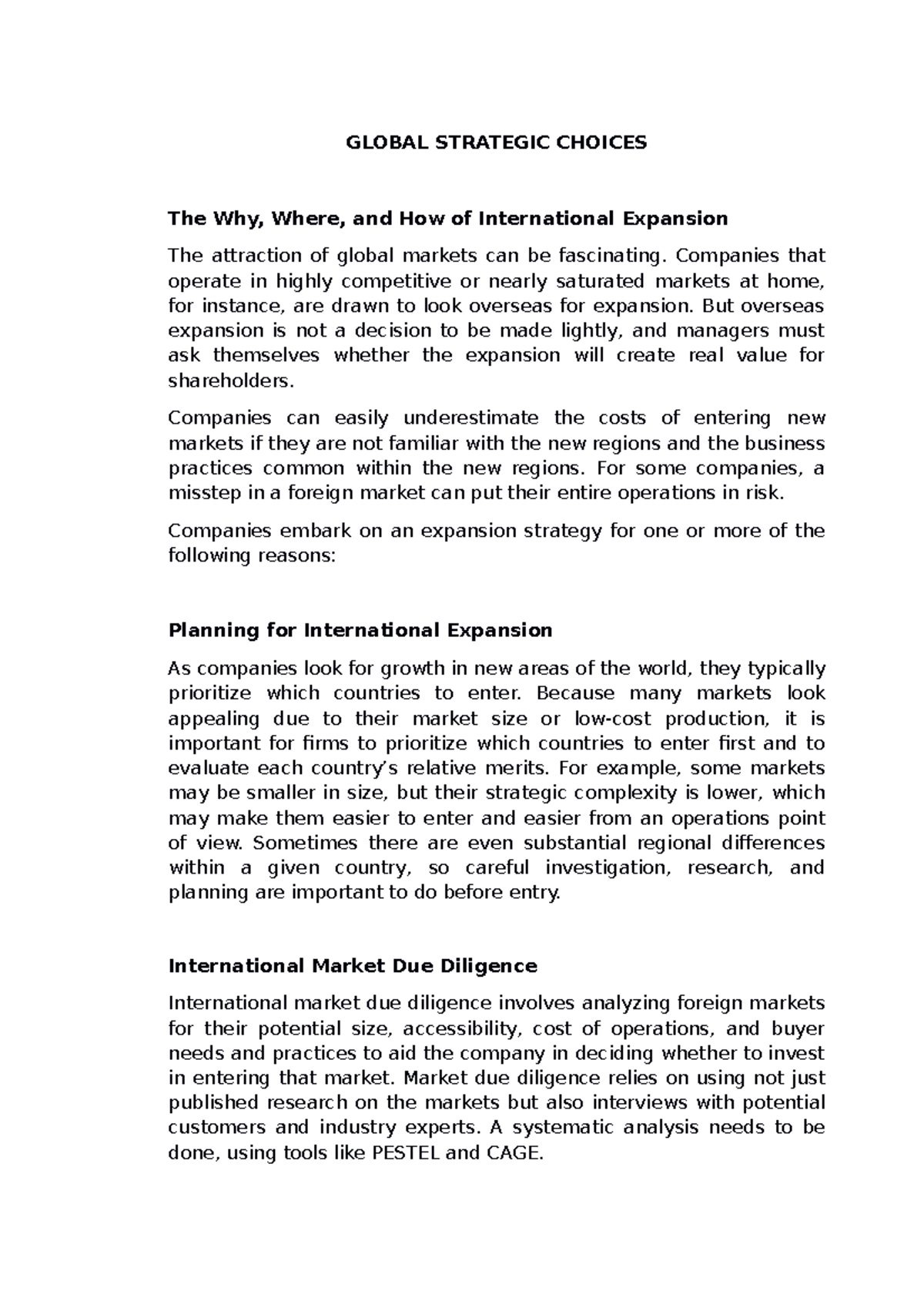 Global Strategic Choices - GLOBAL STRATEGIC CHOICES The Why, Where, and ...