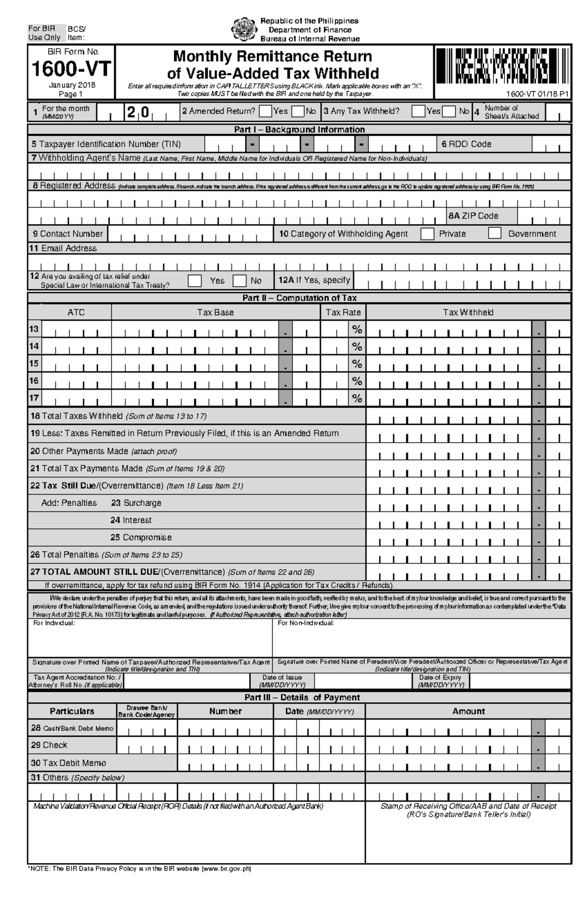 TAX300 BIR Form 1600 VT BIR Form No 1600 VT January 2018 Page 1