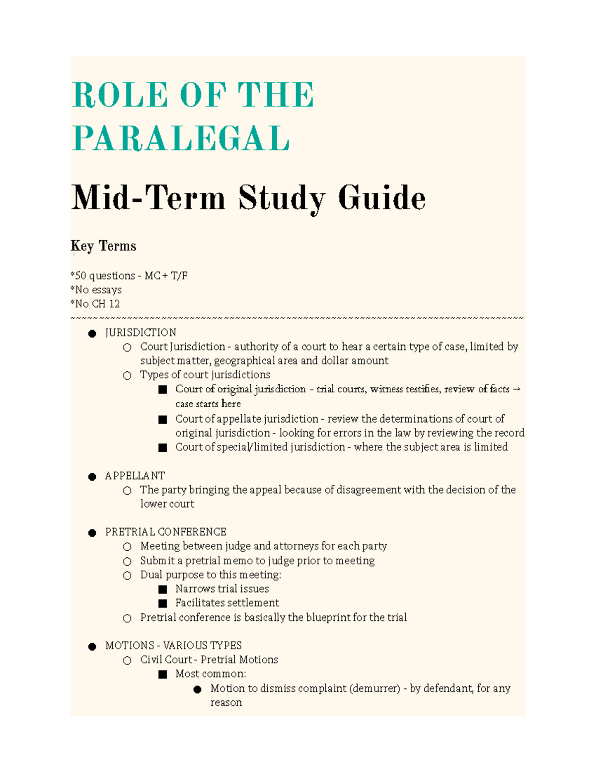 Midterm Study Guide - ROLE OF THE PARALEGAL Mid-Term Study Guide Key ...