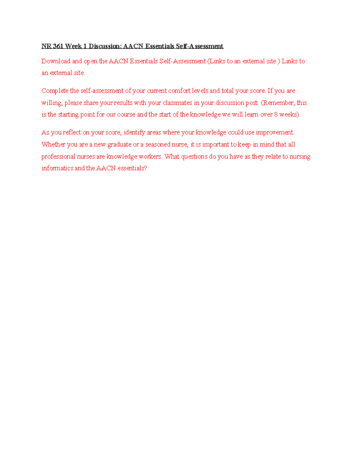 NR 361 Week 1 Discussion AACN Essentials Self-Assessment - NR 361 Week 1 Discussion: AACN ...