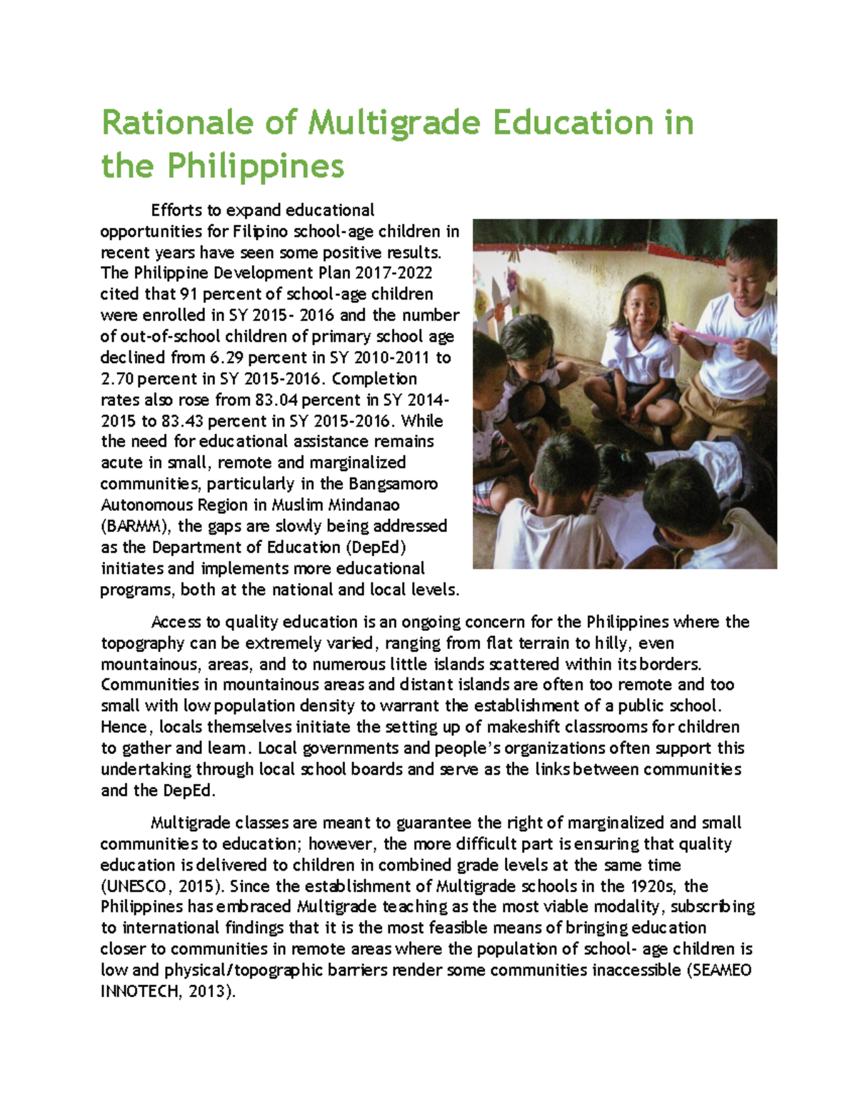 Rationale of Multigrade Education in the Philippines - Rationale of ...