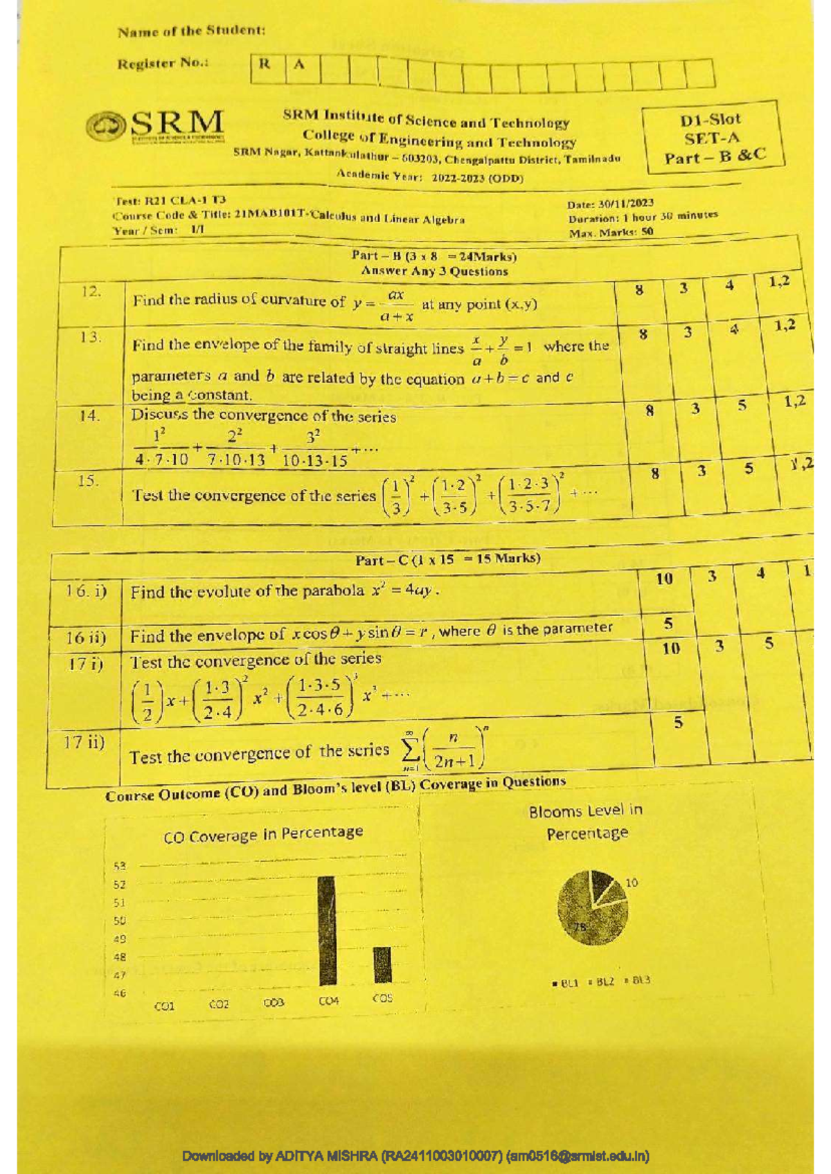 Ct3 - ct-3 question paper - Name of the Student: Register No.: SRM SRM ...