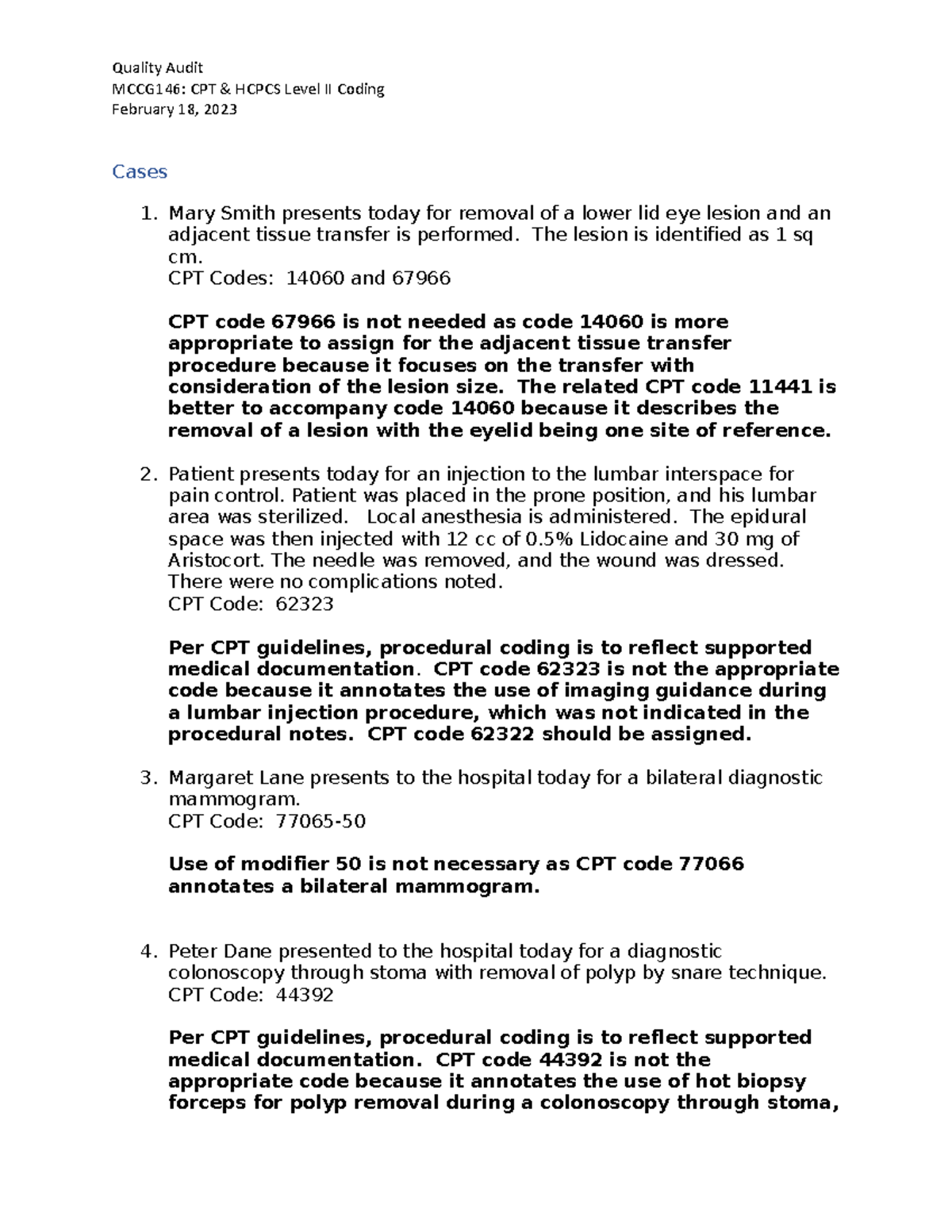 Quality Audit Hypothetical Cases That Involve Cpt Coding Quality Audit Mccg146 Cpt And Hcpcs