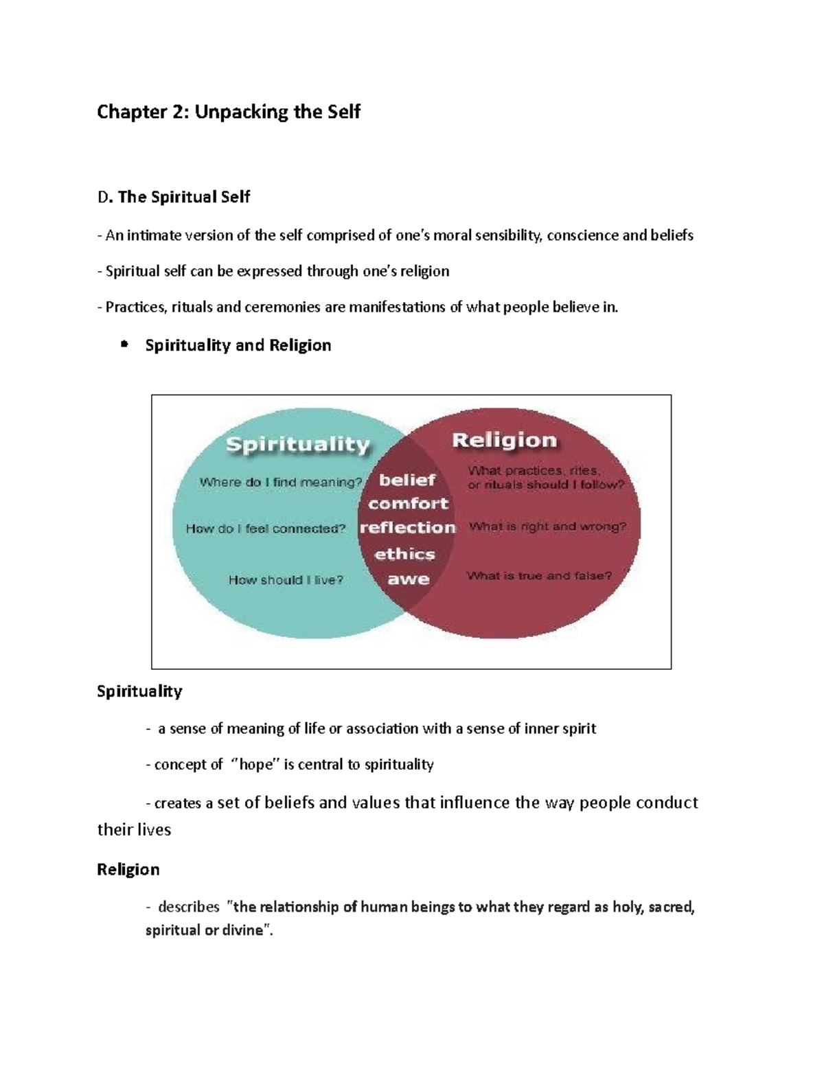 UTS D. Spiritual Self) Catholic - Chapter 2: Unpacking the Self D. The ...