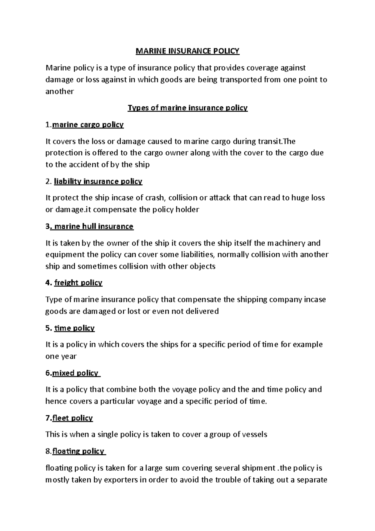 Marine Insurance Policy - Banking and finance - JKUAT - Studocu