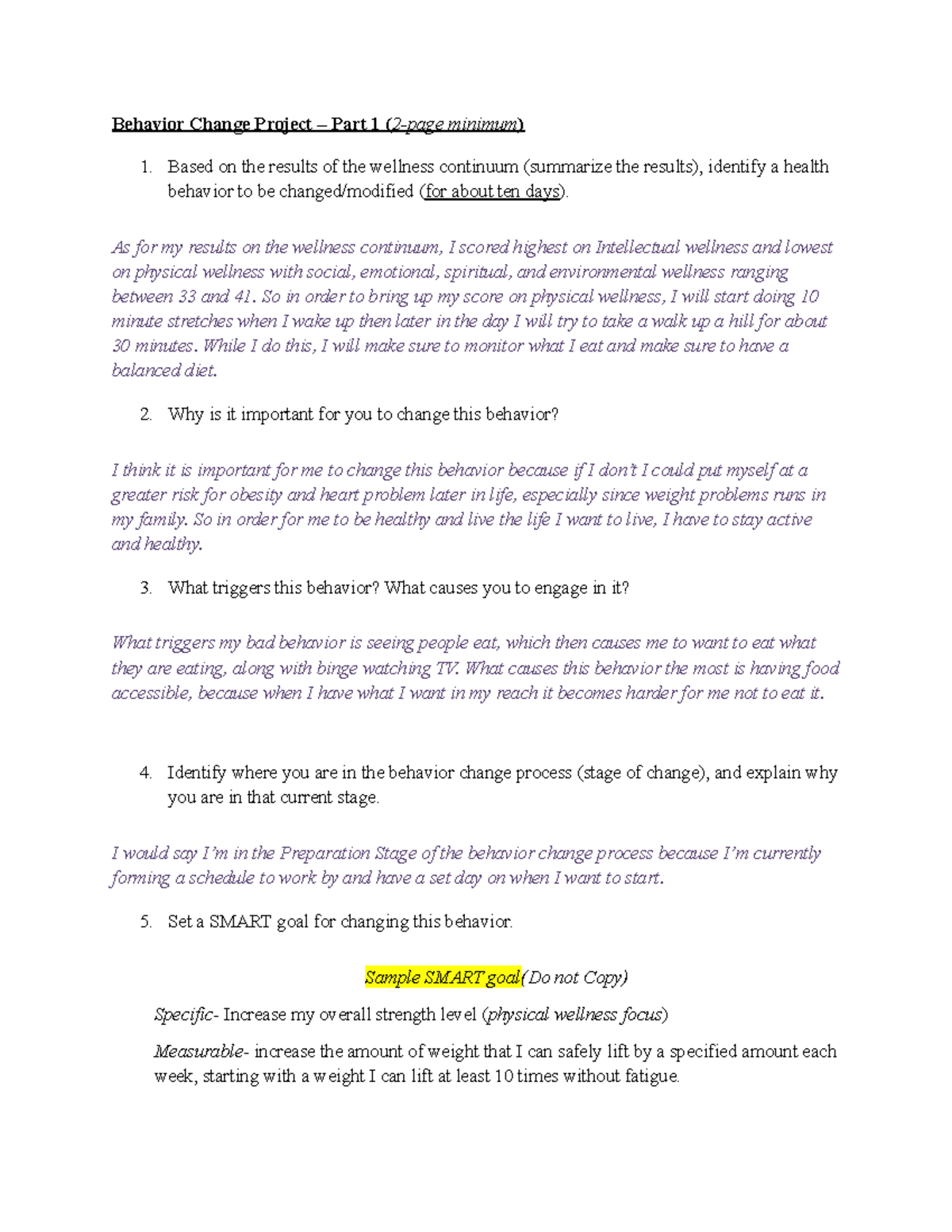 Behavior Change Project - As for my results on the wellness continuum ...