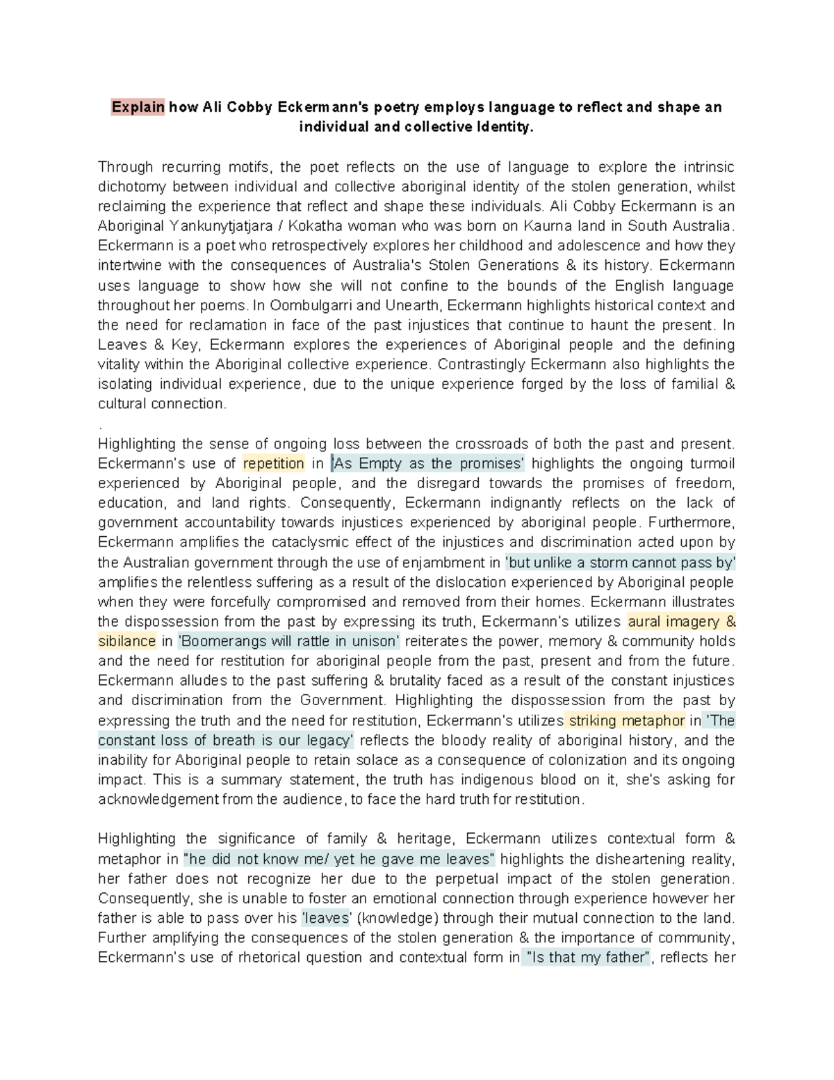 750 words Eckermann essay - Explain how Ali Cobby Eckermann's poetry ...