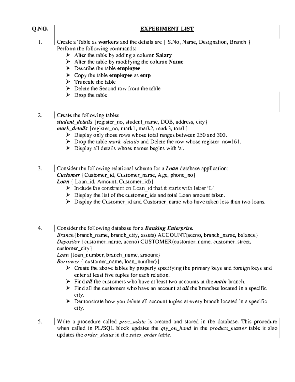 Qp Cse Q Experiment List Create A Table As Workers And The Details