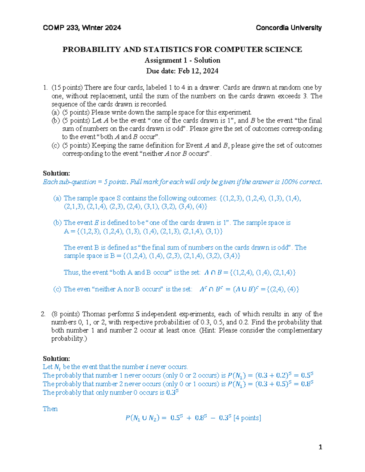 W24 A1 solution - PROBABILITY AND STATISTICS FOR COMPUTER SCIENCE Assignment 1 - Solution Due ...