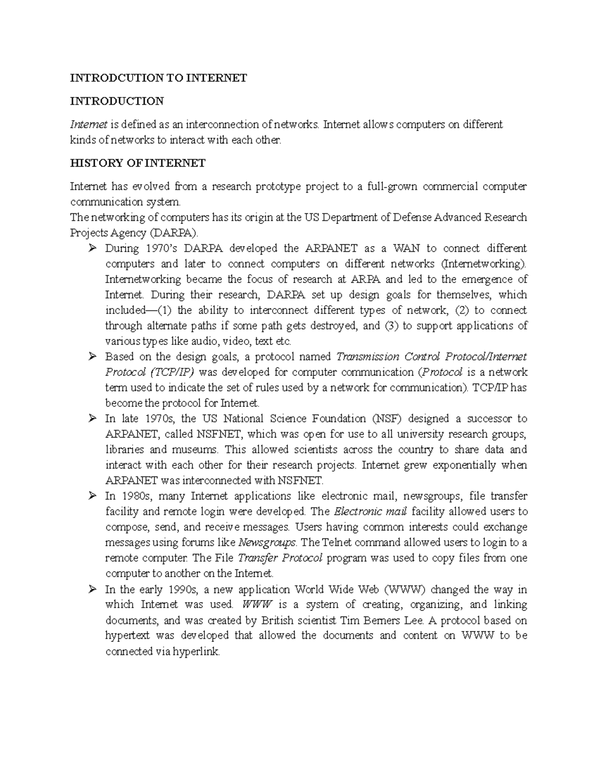 Lecture 8 Internet - Good - INTRODCUTION TO INTERNET INTRODUCTION ...