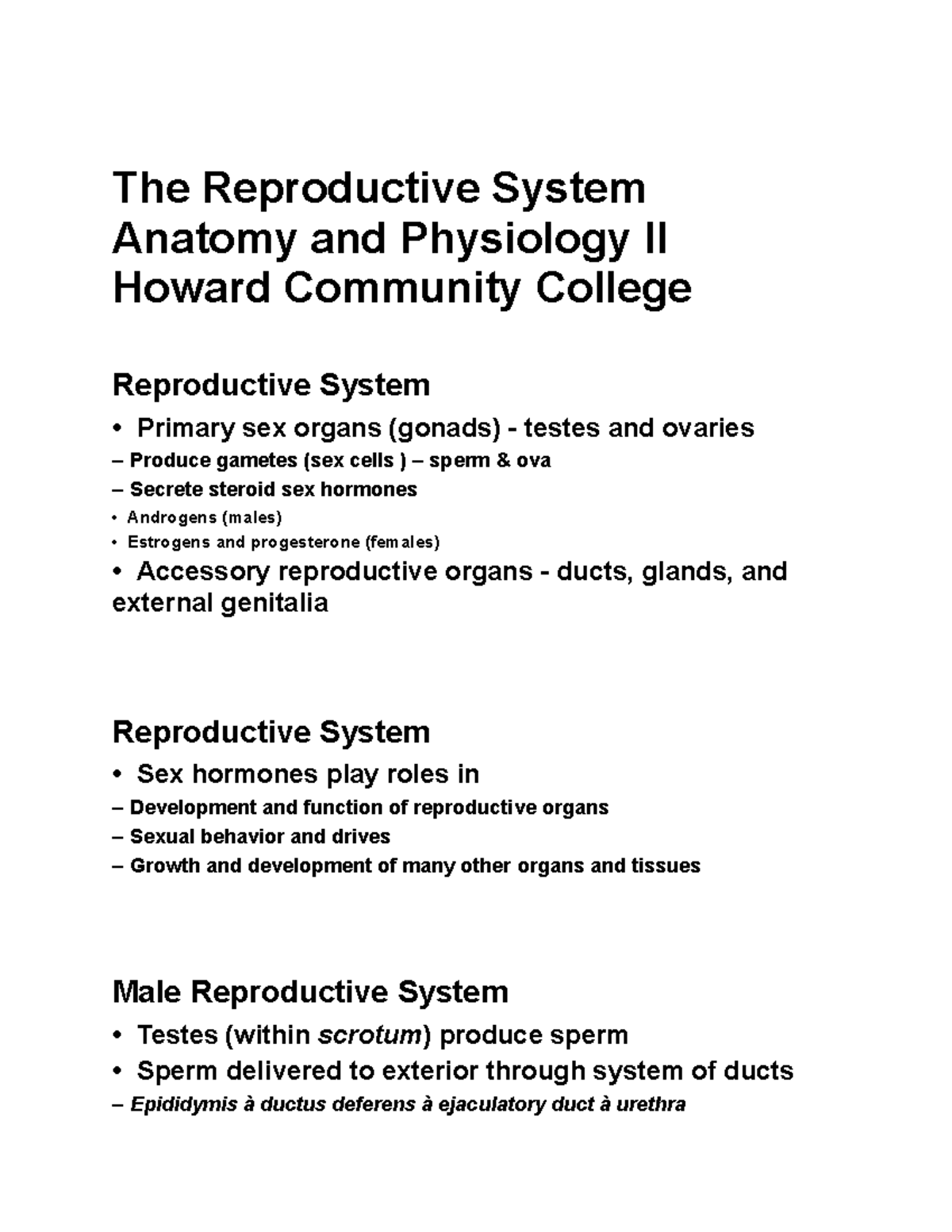 The Reproductive System Anatomy and Physiology II Howard Community ...