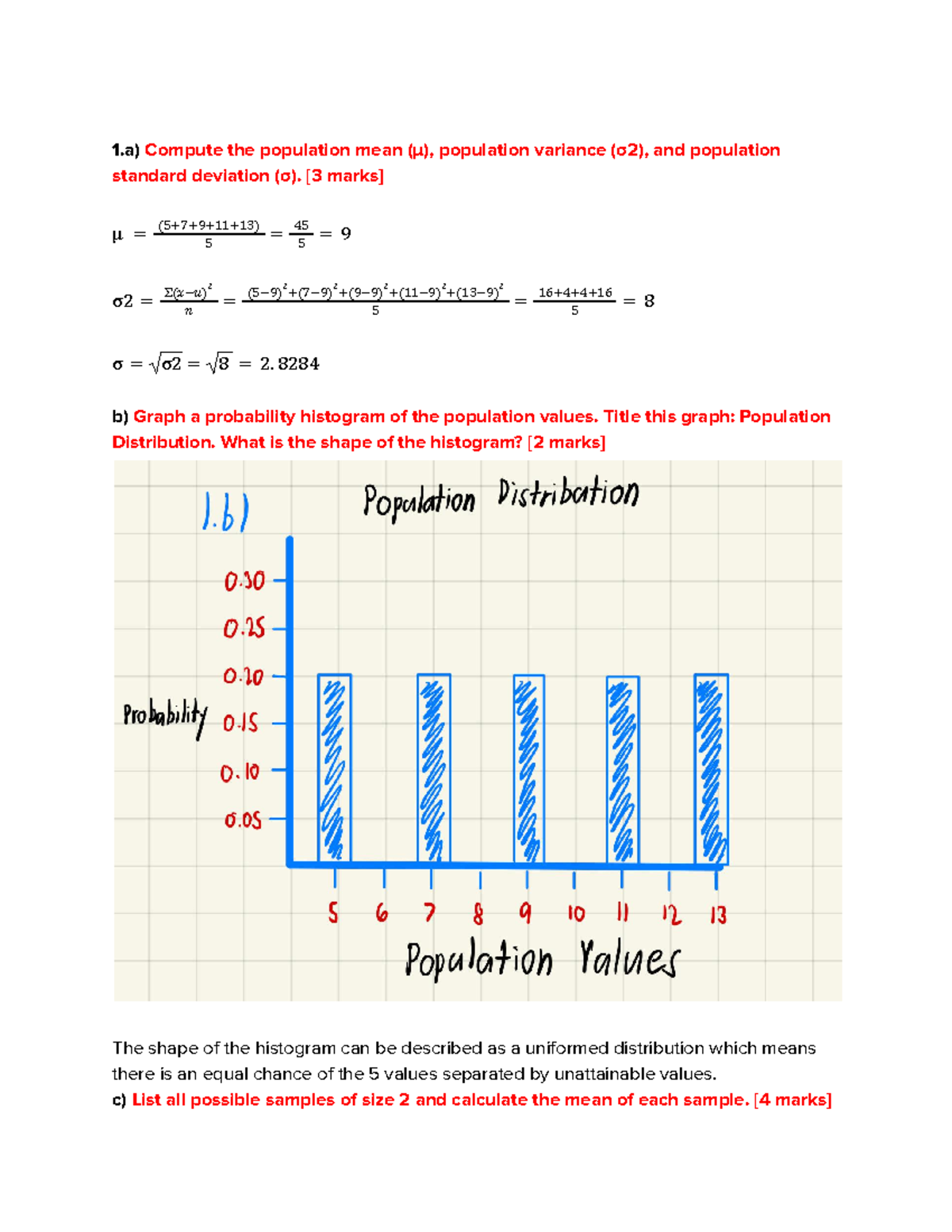 Stats 215 Assignment 4A - Compute the population mean (μ), population variance (σ2), and ...