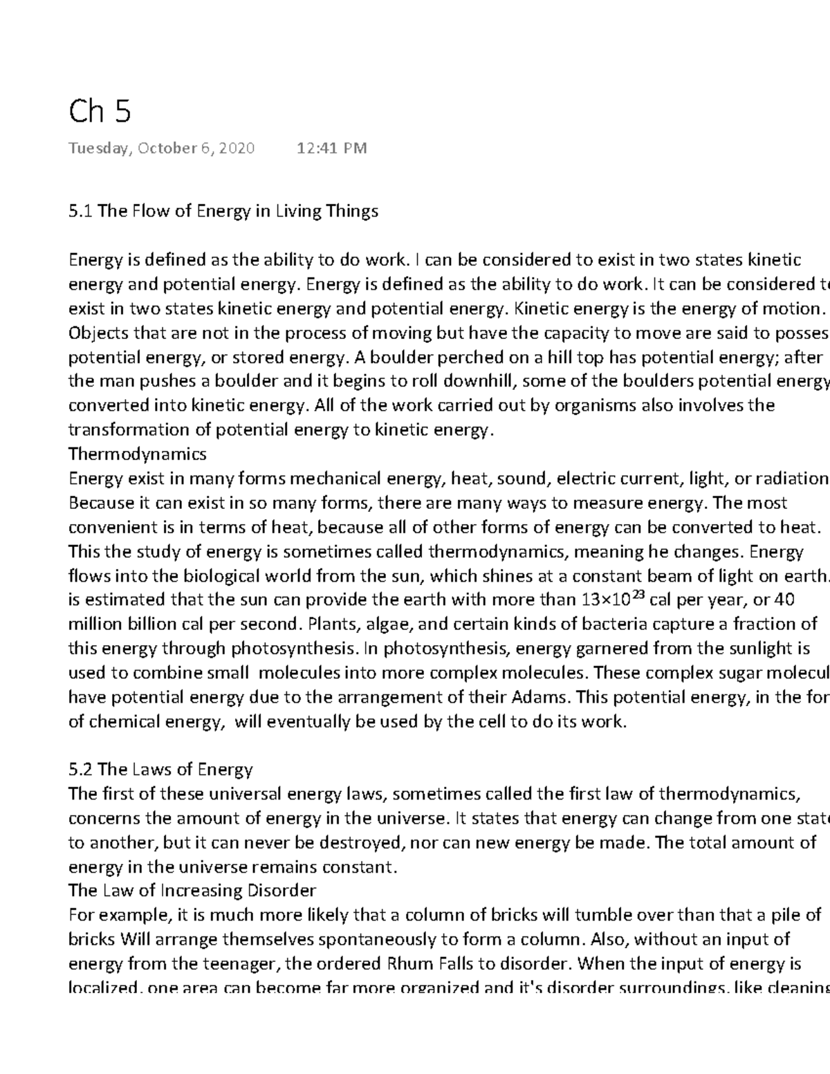 Ch 5 - notes - 5 The Flow of Energy in Living Things Energy is defined ...