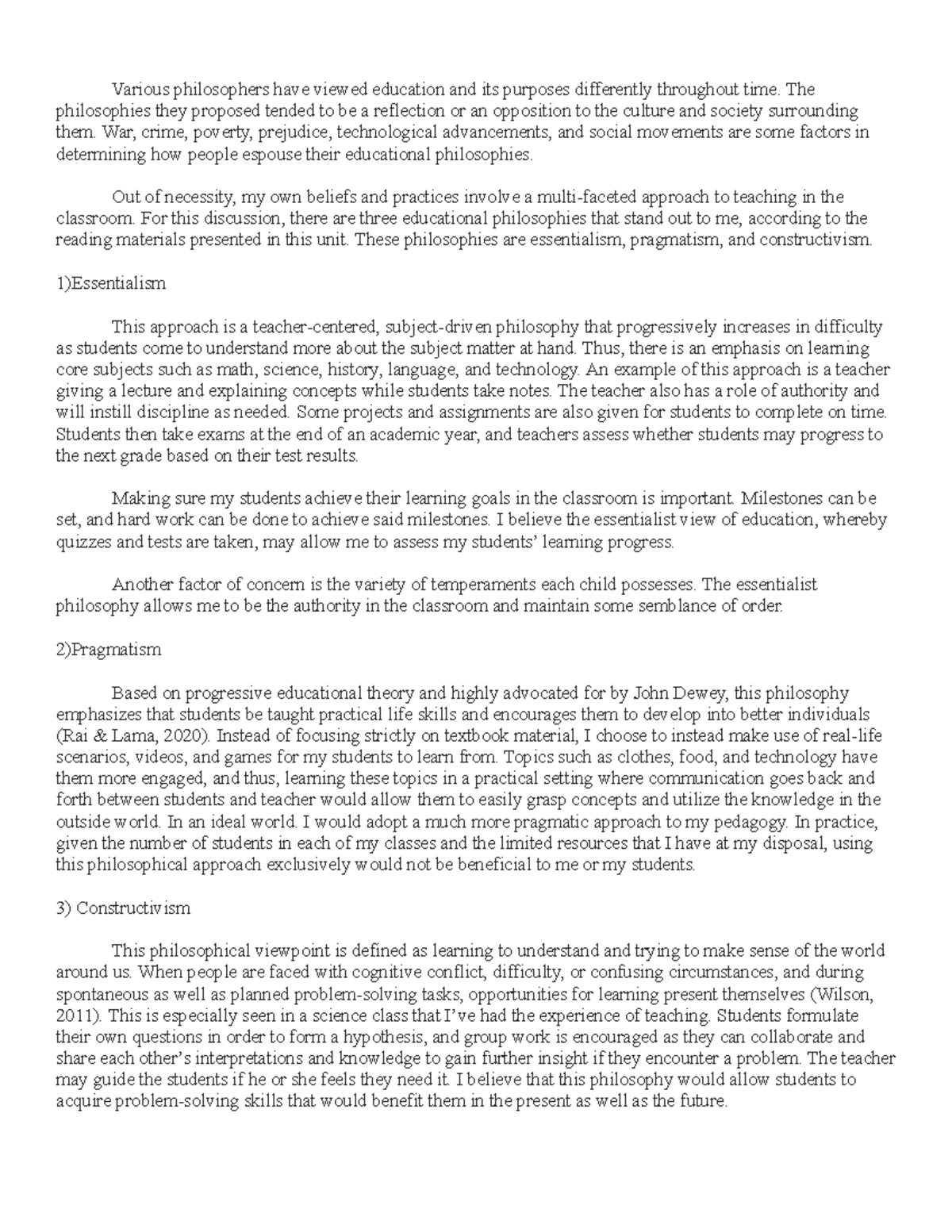 Educ 5010 unit 3 discussion - Various philosophers have viewed ...