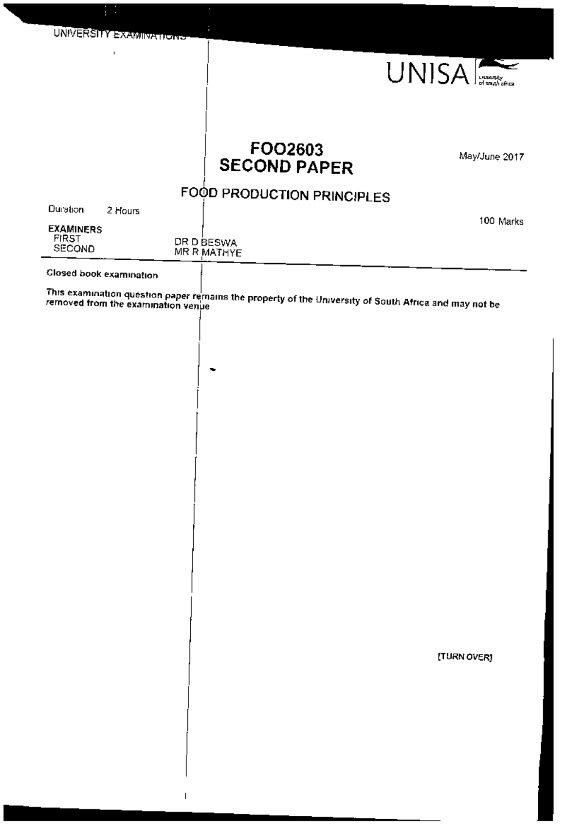 Exam 2017 - FOO 2603 - Studocu