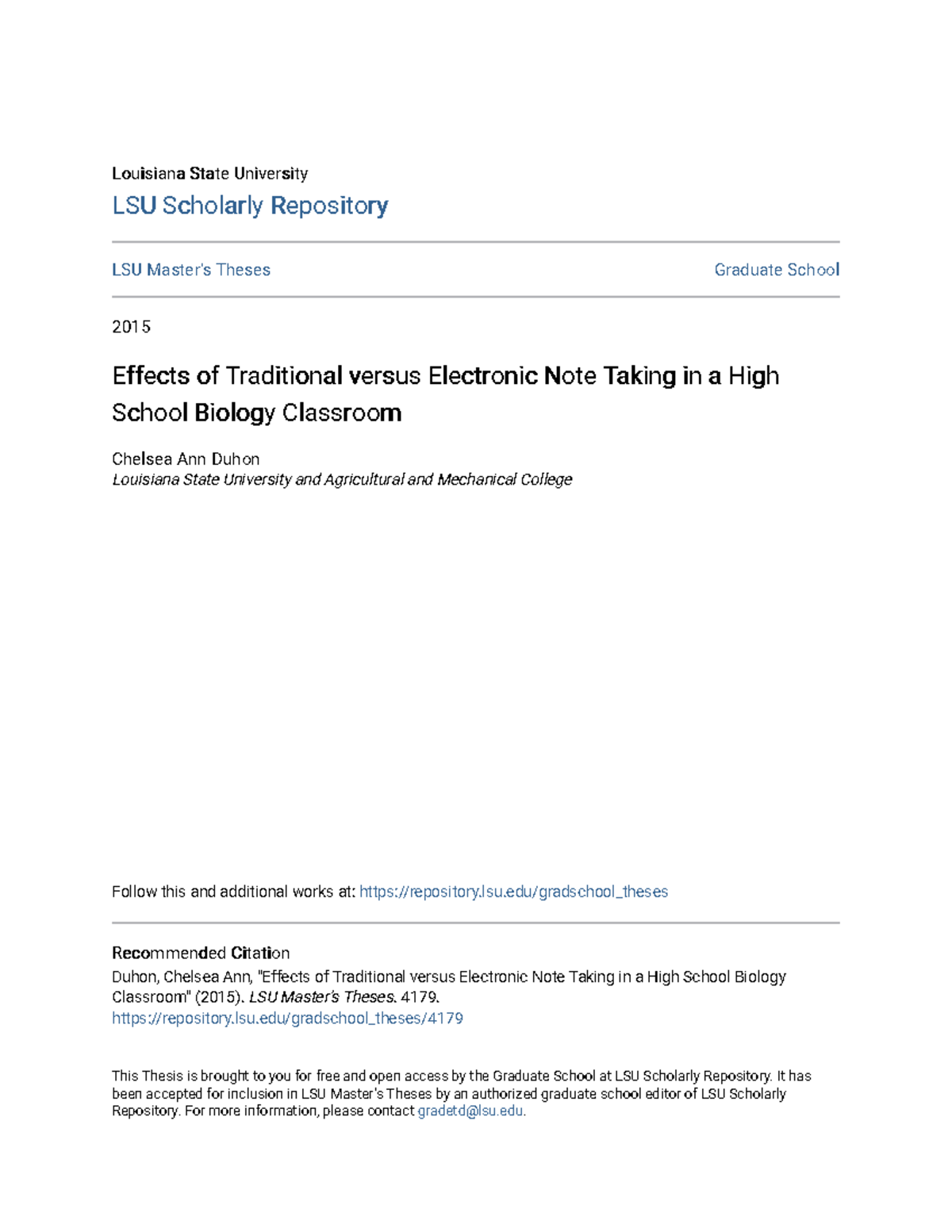 Effects of Traditional versus Electronic Note Taking in a High Sc - lsu ...