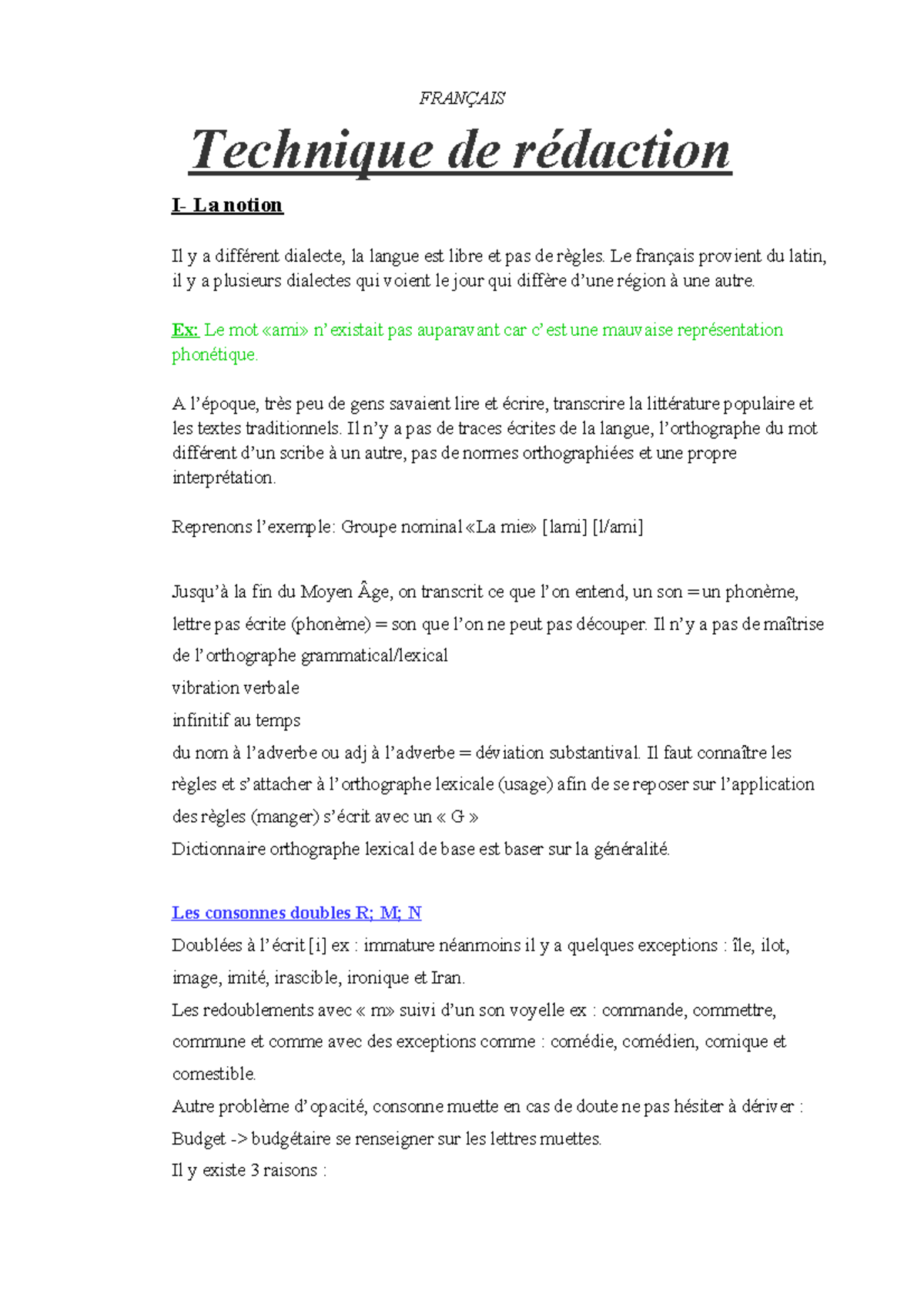 partie 1 cours français - FRANÇAIS Technique de rédaction I- La notion ...