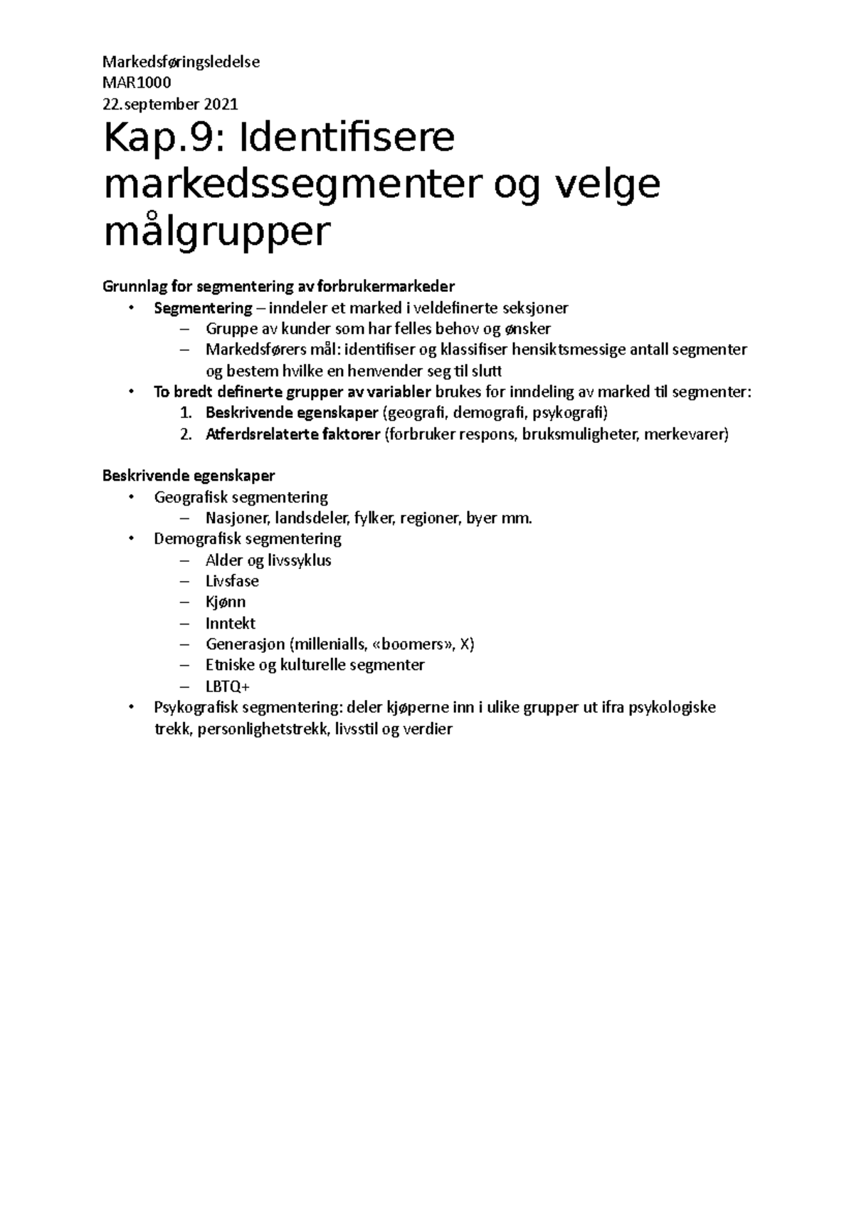 Kapittel 9 og 10 - Markedsføringsledelse - MAR1000 - Notater fra PowerPoint - MAR 22 2021 Kap ...