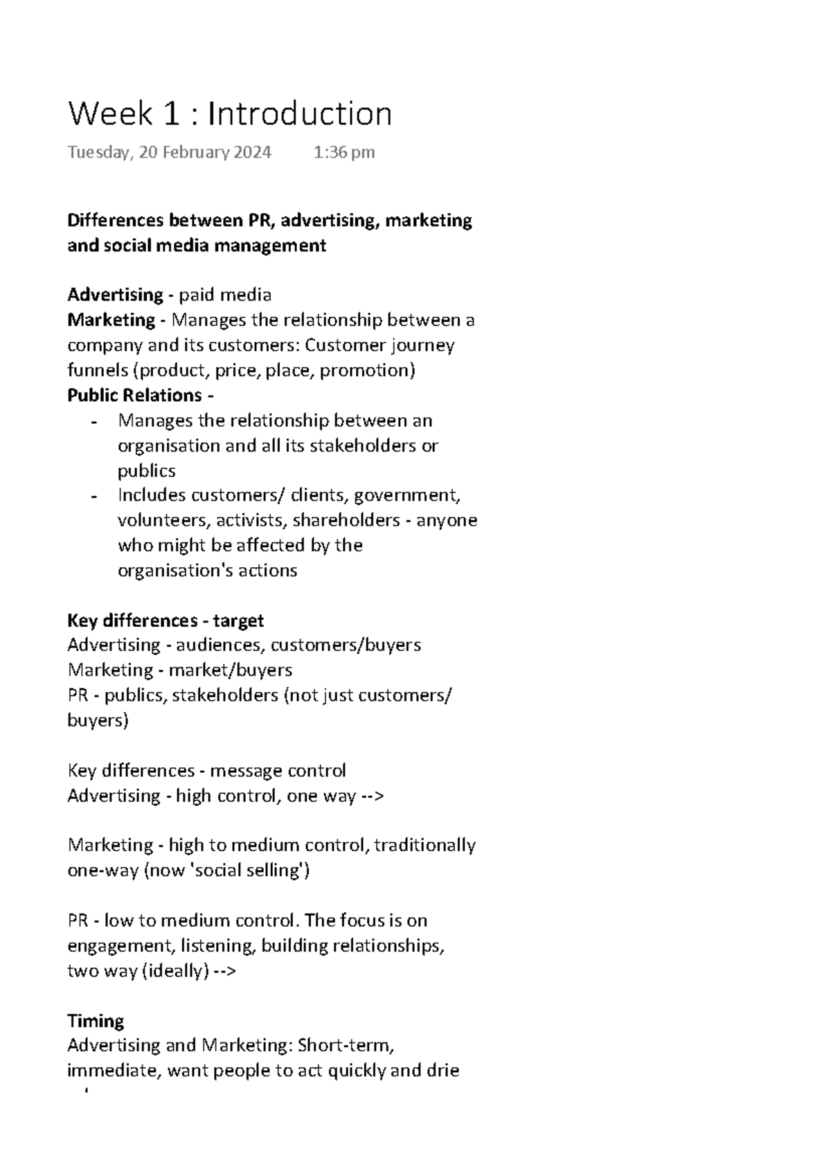Week 1 Introduction - Differences between PR, advertising, marketing ...